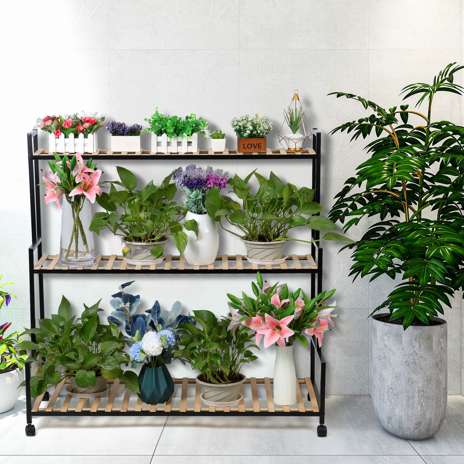 Trendix Plant Stand with Wheels, Plant Shelf Indoor Outdoor, Solid Wood ...