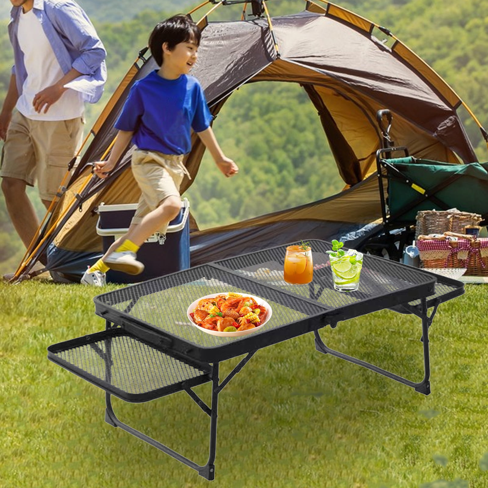 Trendix Portable Camping Side Table with 2 Wing Panels, Mesh Metal ...