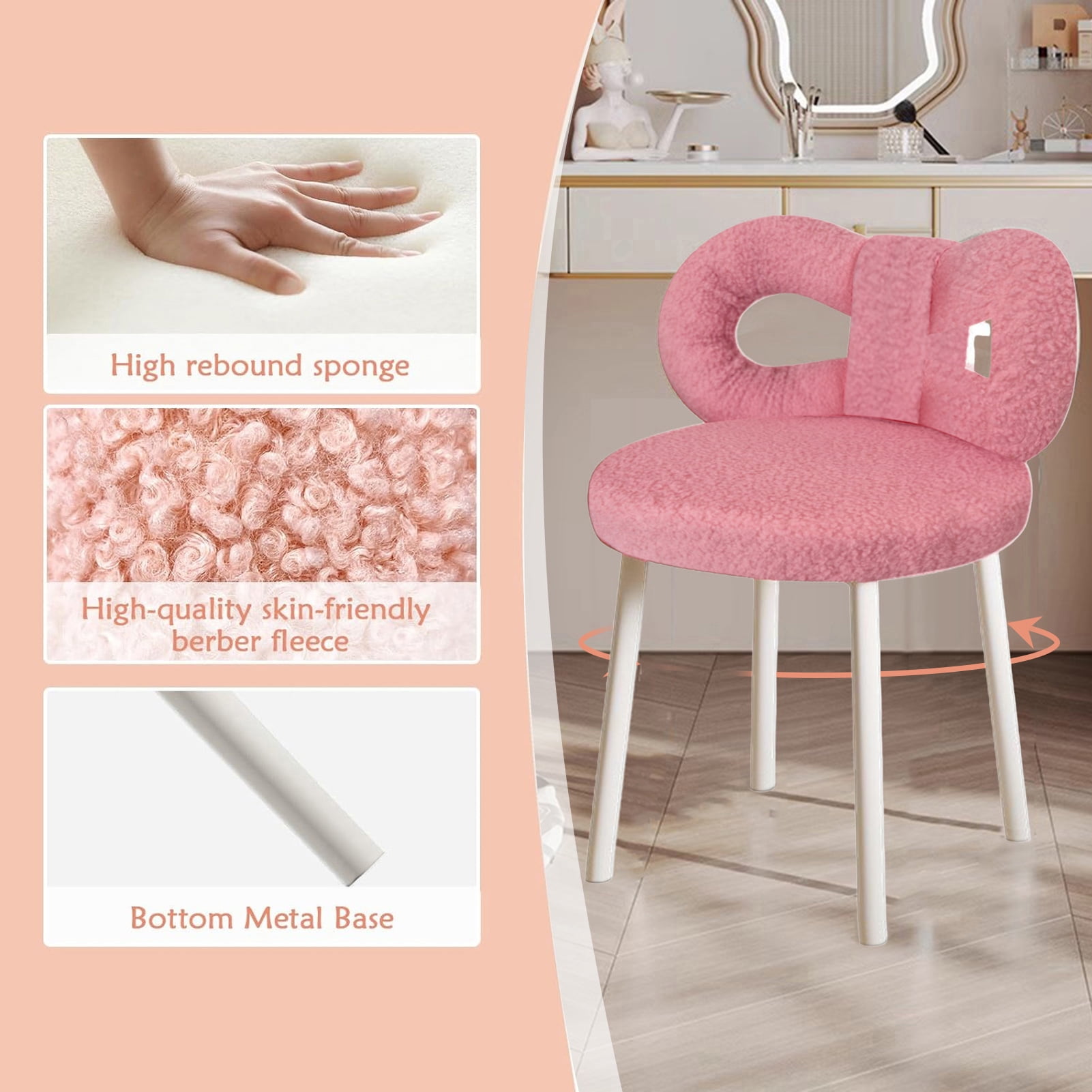 Trendix Vanity Stool Makeup Chair Adjustable Foot Pads Bowknot Backrest ...