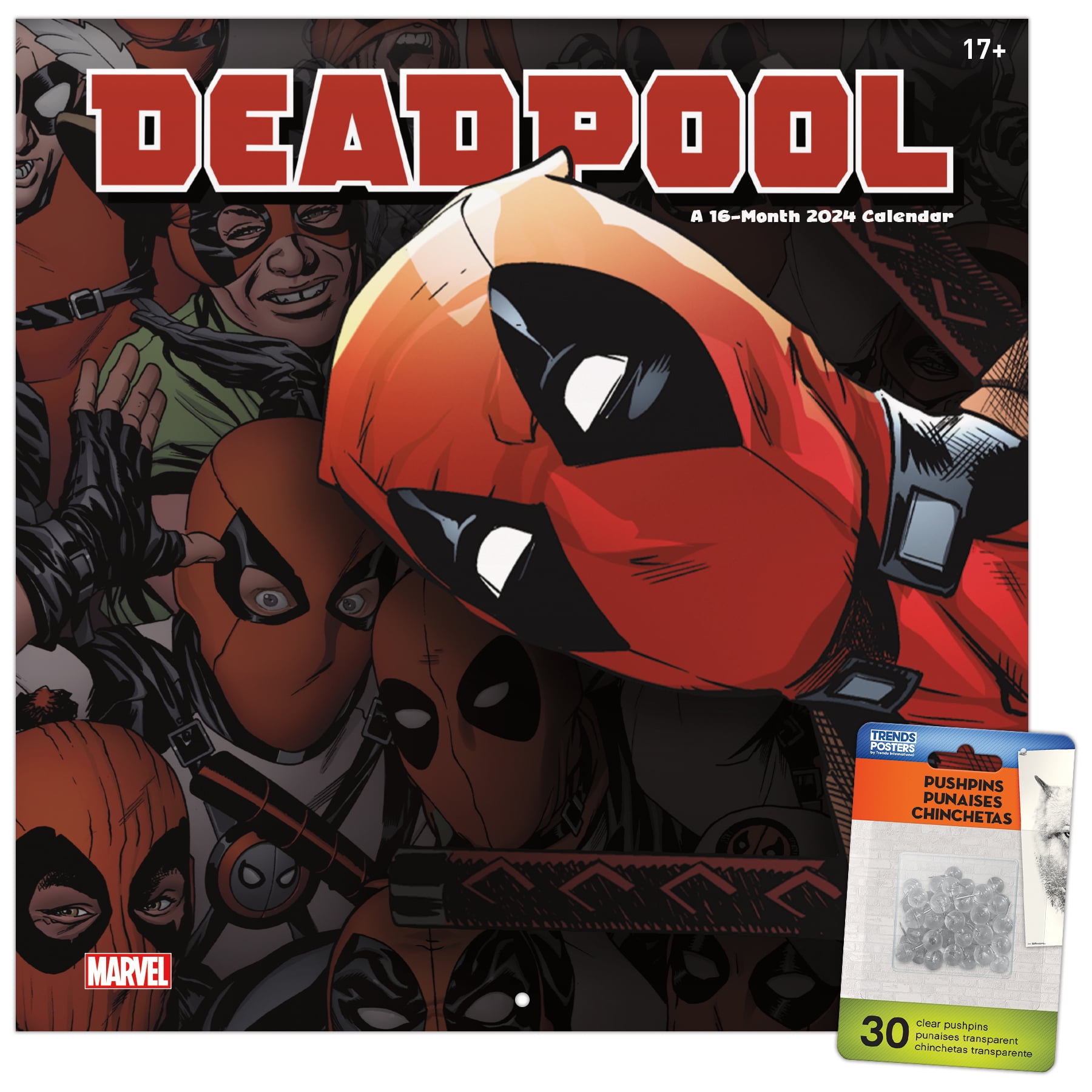 Trends International 2024 Marvel Deadpool Wall Calendar & Push Pins ...