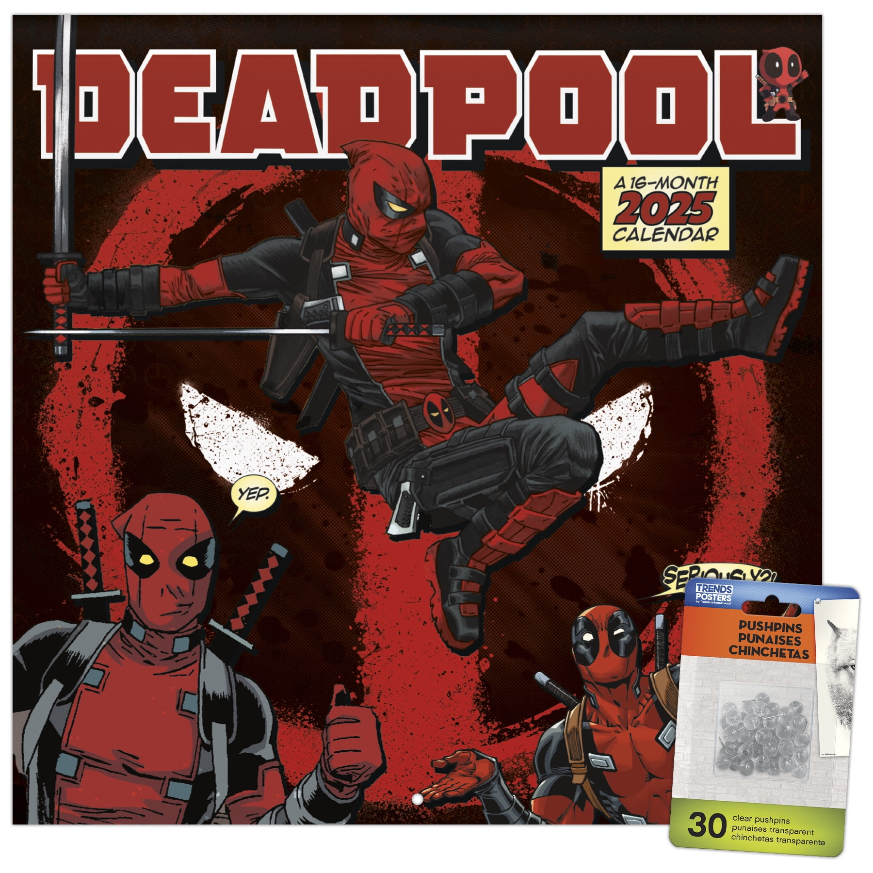 Trends International 2025 Deadpool Wall Calendar & Push Pins - Walmart.com