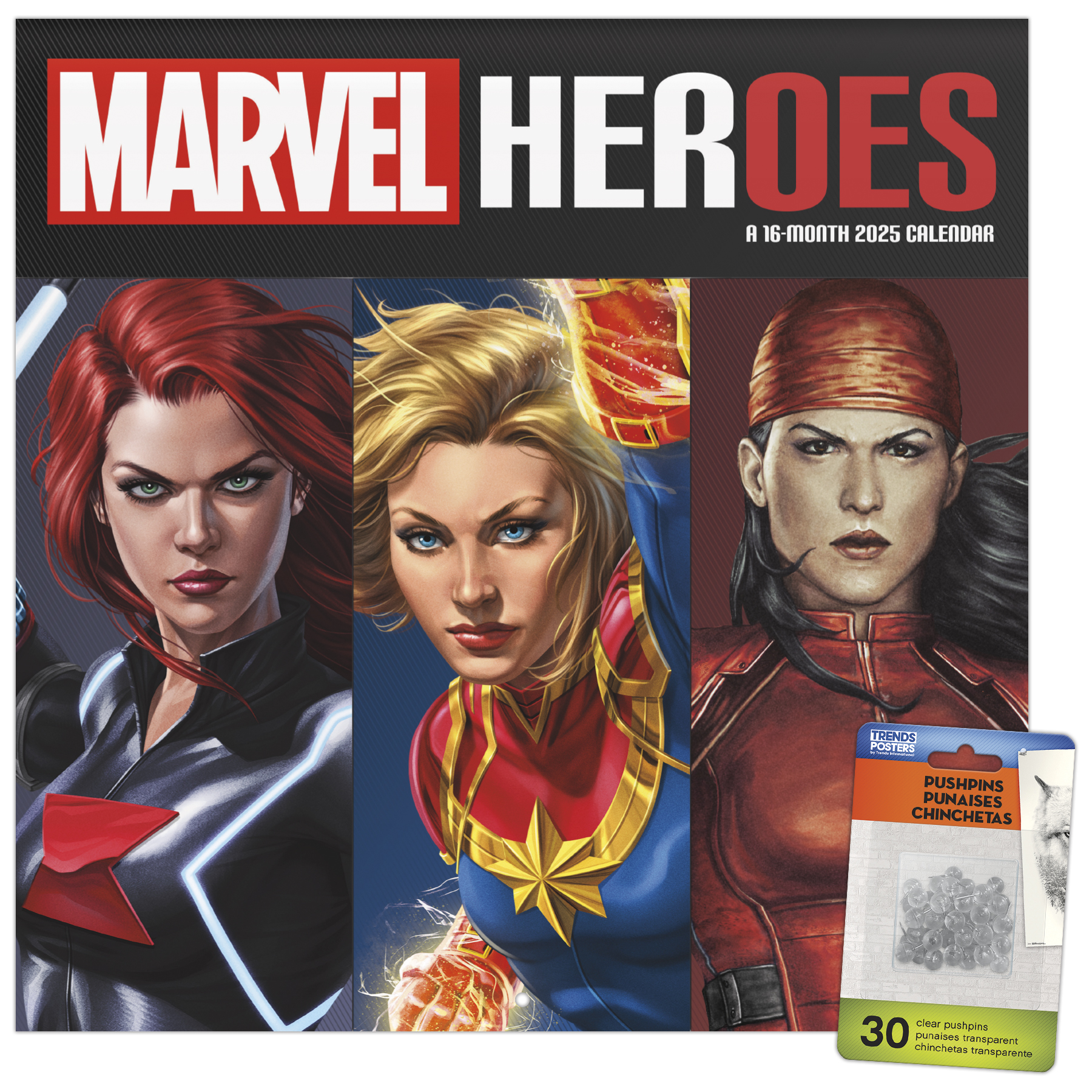 Trends International 2025 Marvel HERoes Wall Calendar & Push Pins ...