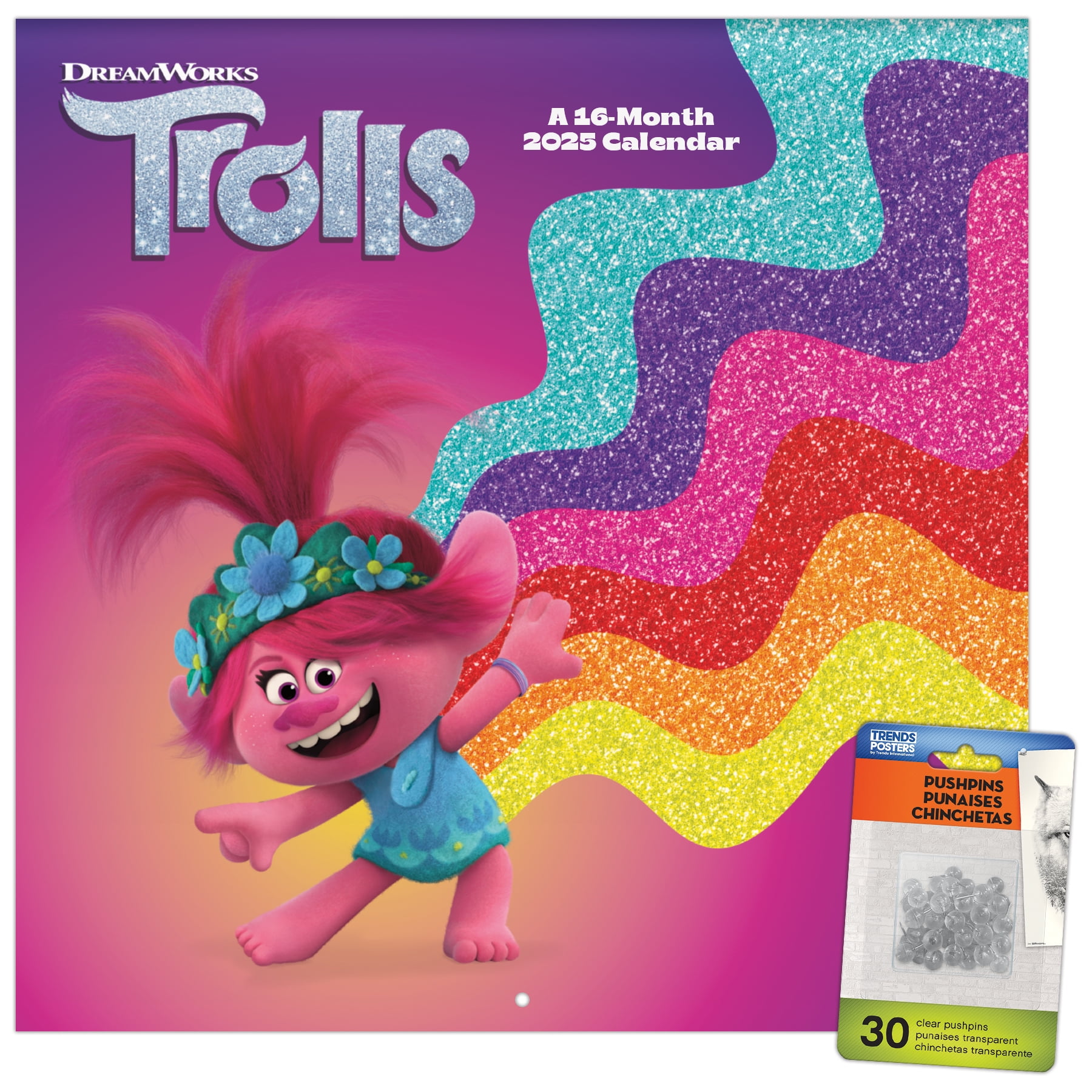 Trends International 2025 Trolls Wall Calendar & Push Pins - Walmart.com