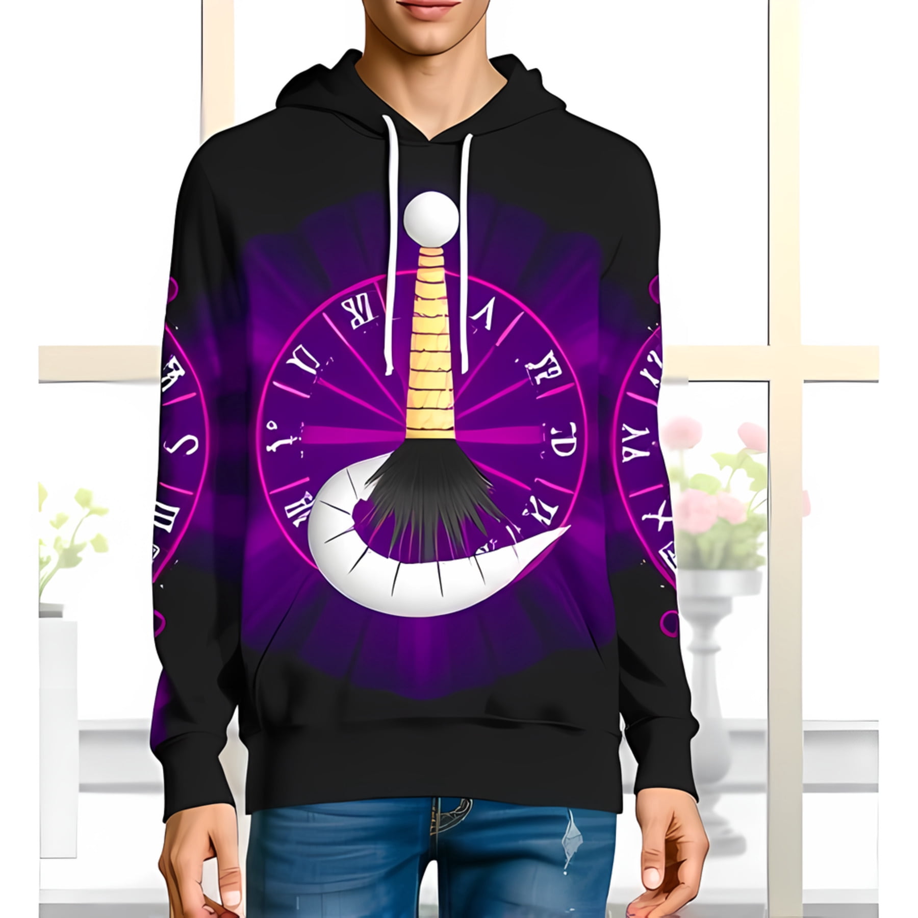 Trendy 3D Black Hoodie with Artistic Clock & Symbol Design - Unique ...