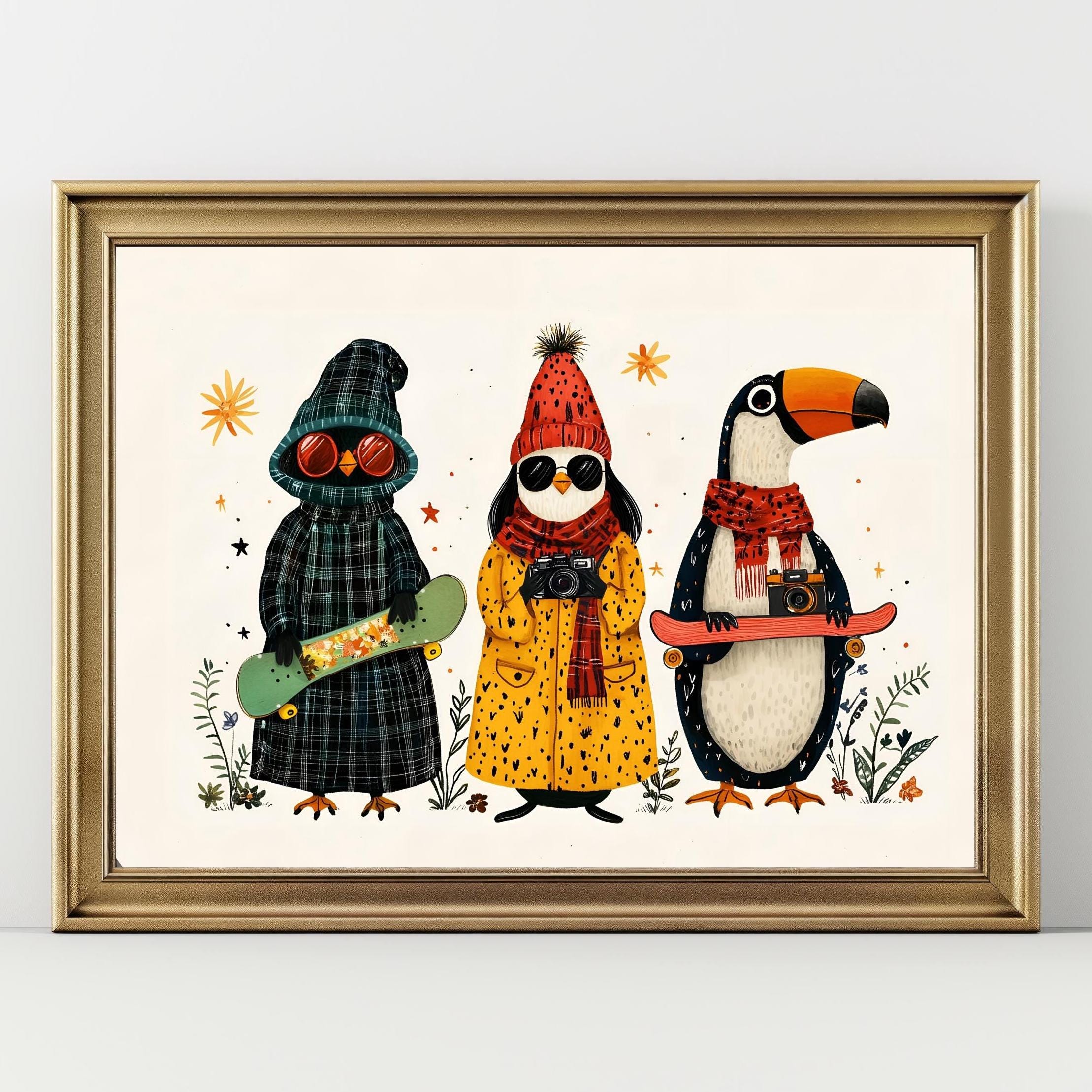 Trendy Birds Wall Art Print, Cool Penguin Puffin Toucan In Winter ...