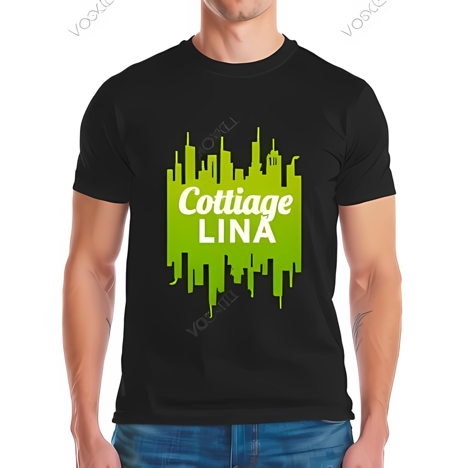 Trendy Black Cotton Short Sleeve T-Shirt with Bold 'Cottage LINA ...