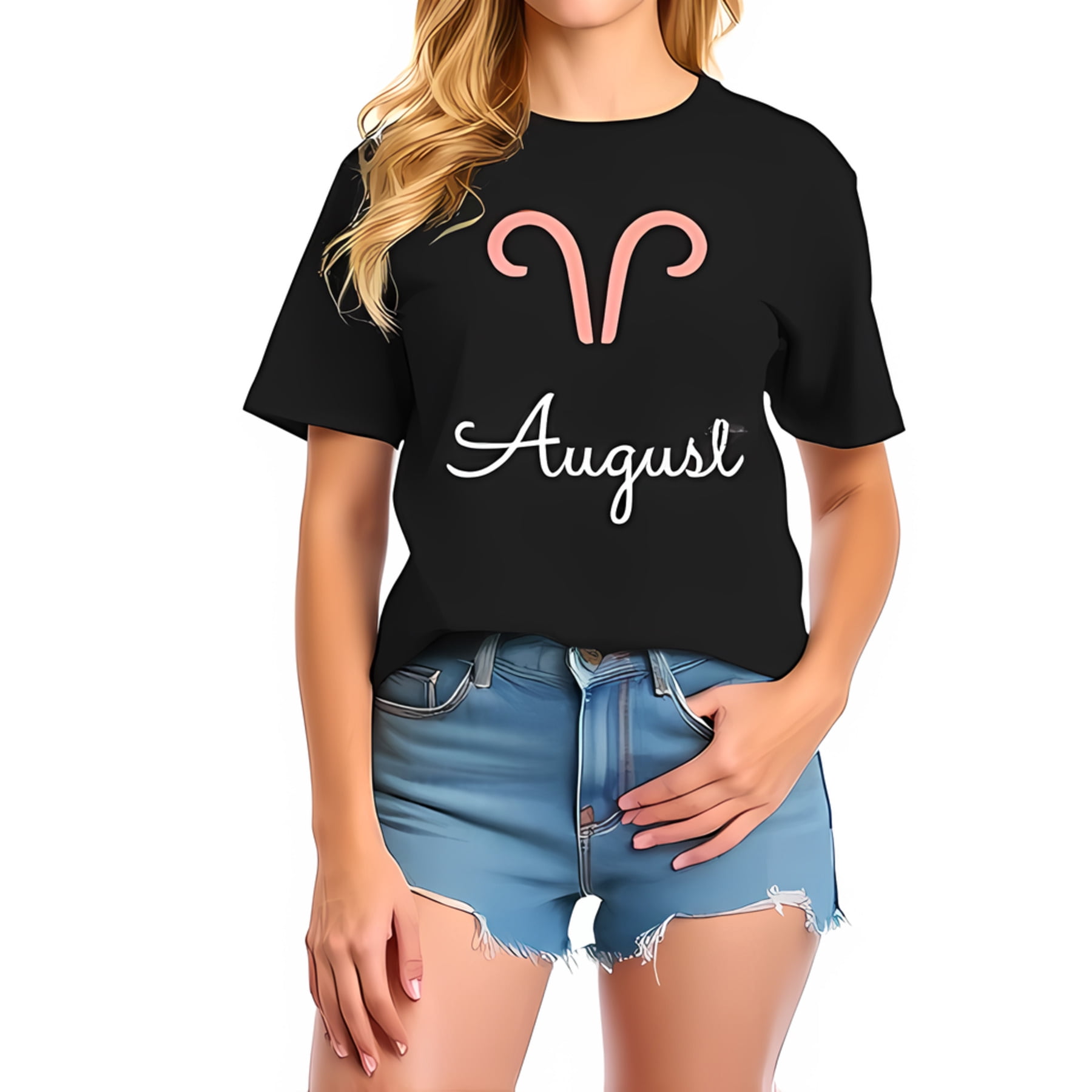 Trendy Black Cotton Short Sleeve T-Shirt with Symbol & Stylish 'August ...