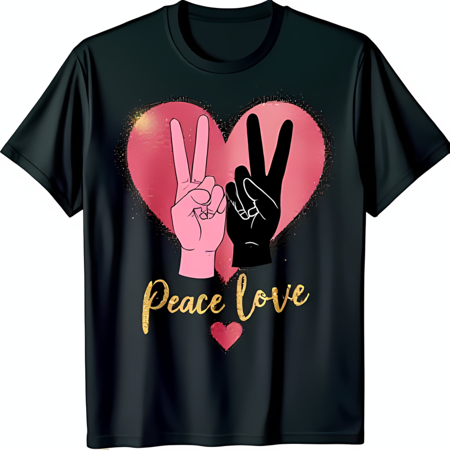 Trendy Black T-Shirt with Glittery Pink Heart & Peace Signs Graphic ...