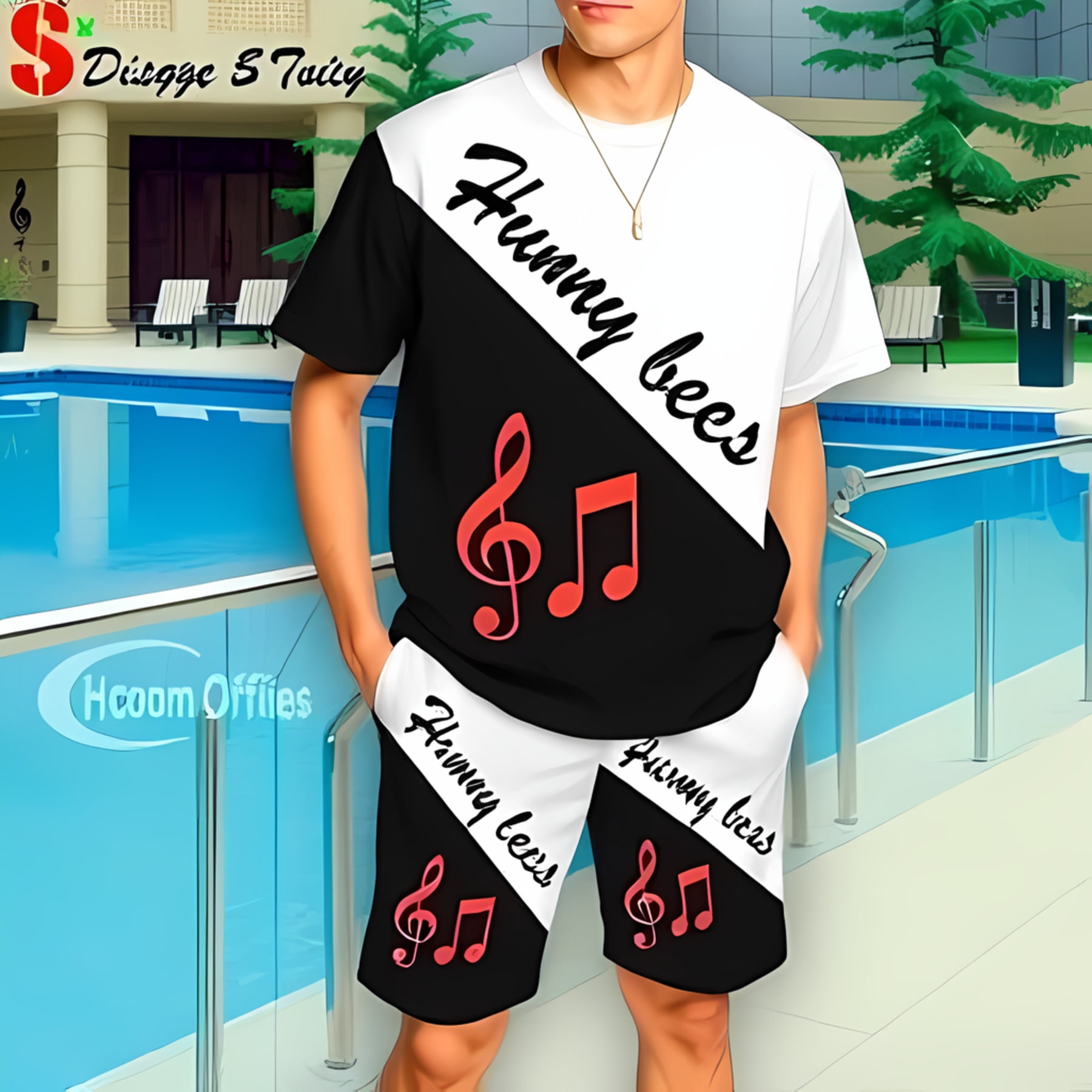 Trendy Black & White Diagonal Pattern T-Shirt and Shorts Set with Red ...