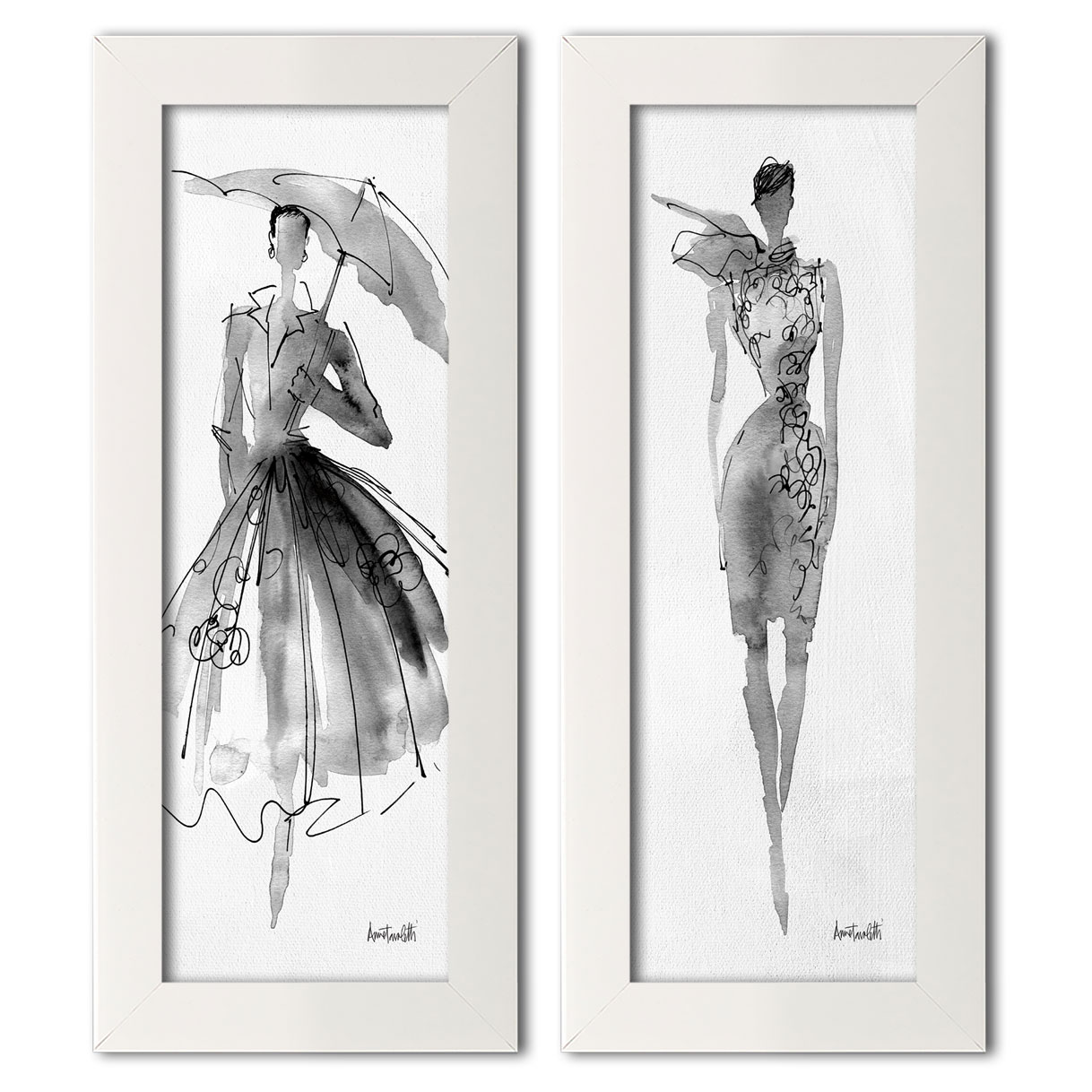 Trendy Black and White Runway Fashion Model Sketch Panel Sets; Two 6x18 ...