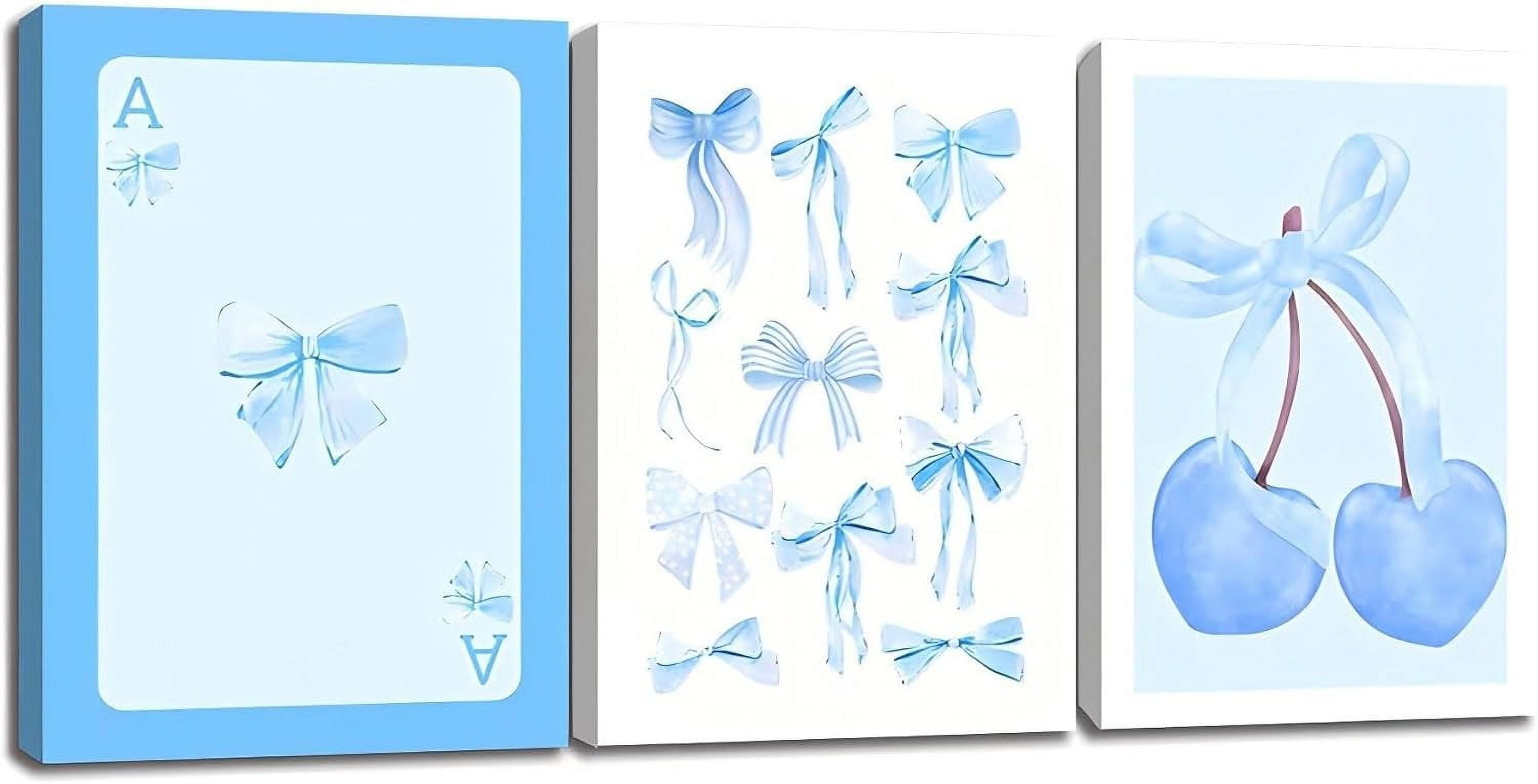 Trendy Blue Bows Wall Art Set of 3 Preppy Cherry Watercolor Bows Canvas ...