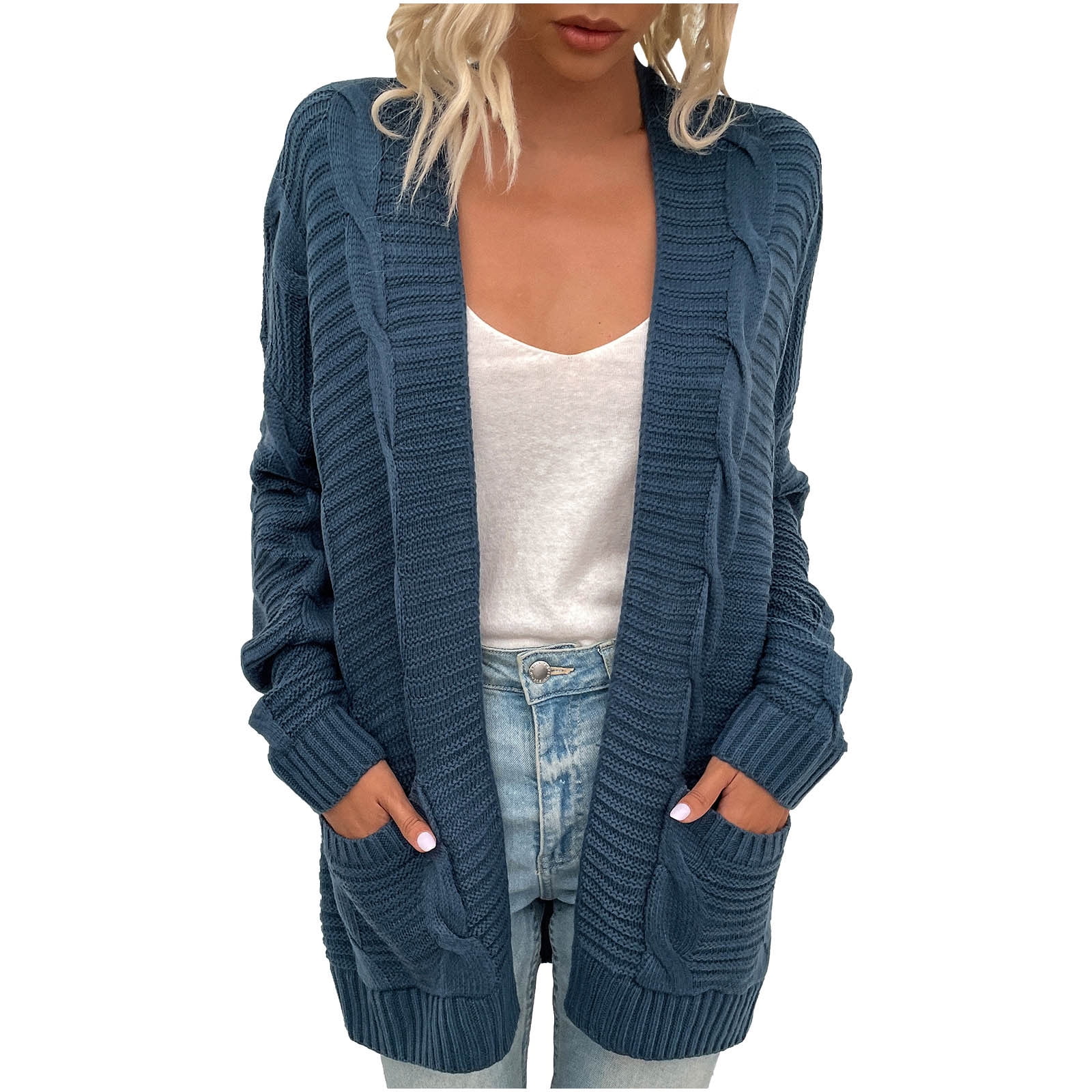 Trendy Cable Knit Long Cardigan for Women Solid Open Front Long Sweater ...