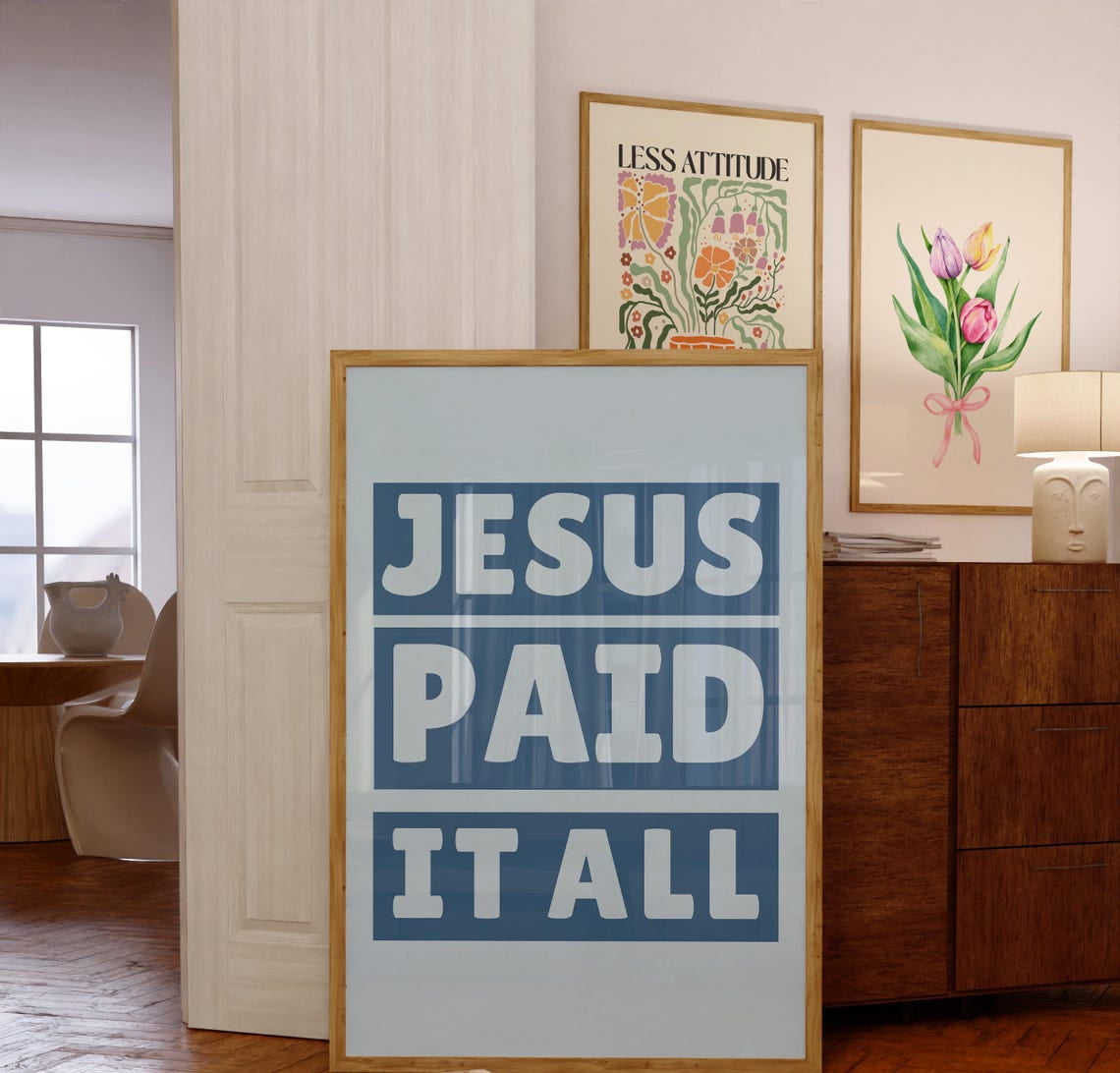 Trendy Christian Wall Art Maximalist Jesus Paid It All Print Blue Wall ...