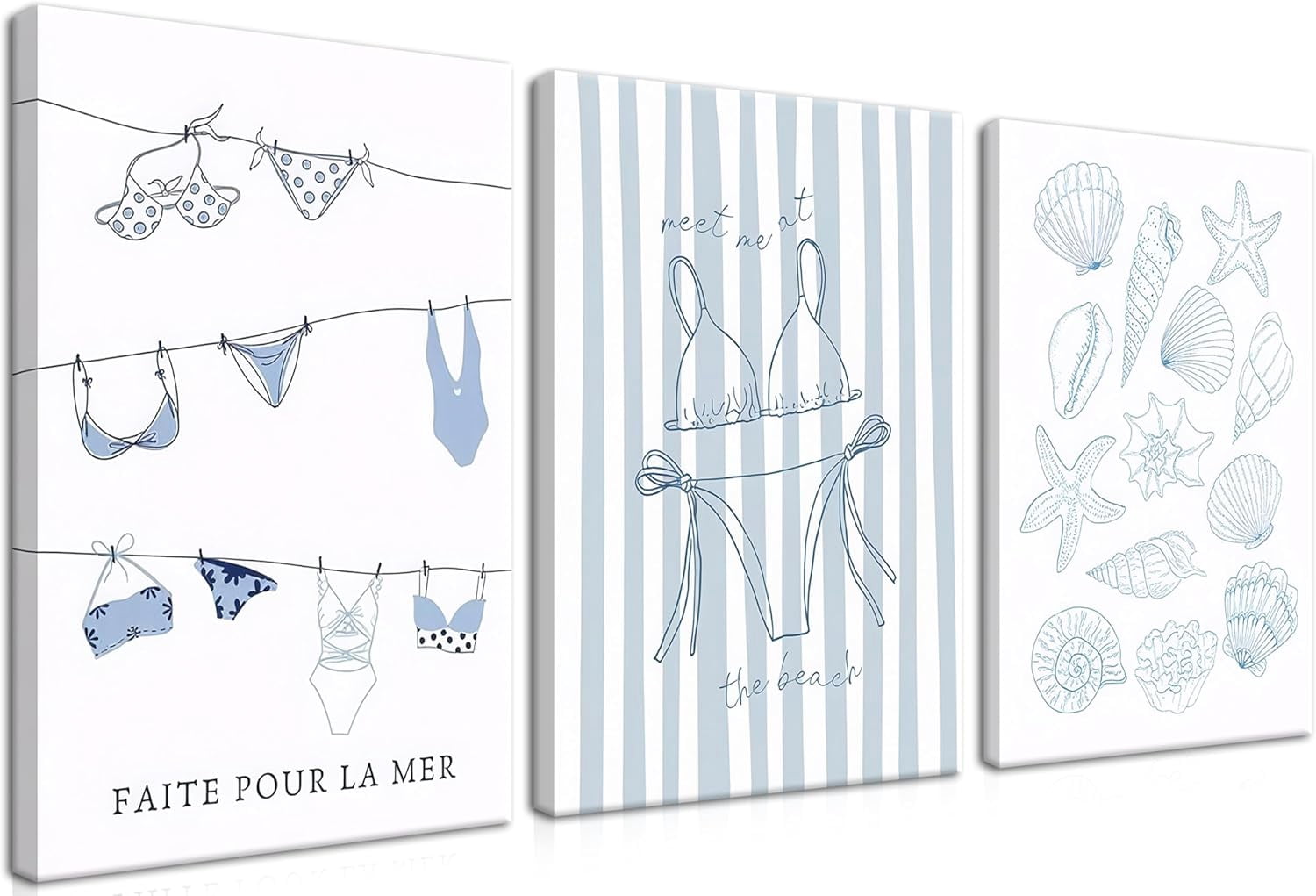 Trendy Coastal Beach Canvas Wall Art Set of 3, Blue Preppy Bikini ...
