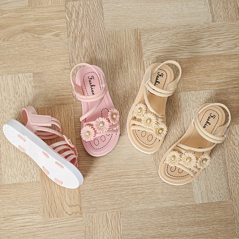 Trendy Cute Flower Decor Open Toe Sandals For Girls, Breathable Lightweight Sandals For Indoor ...