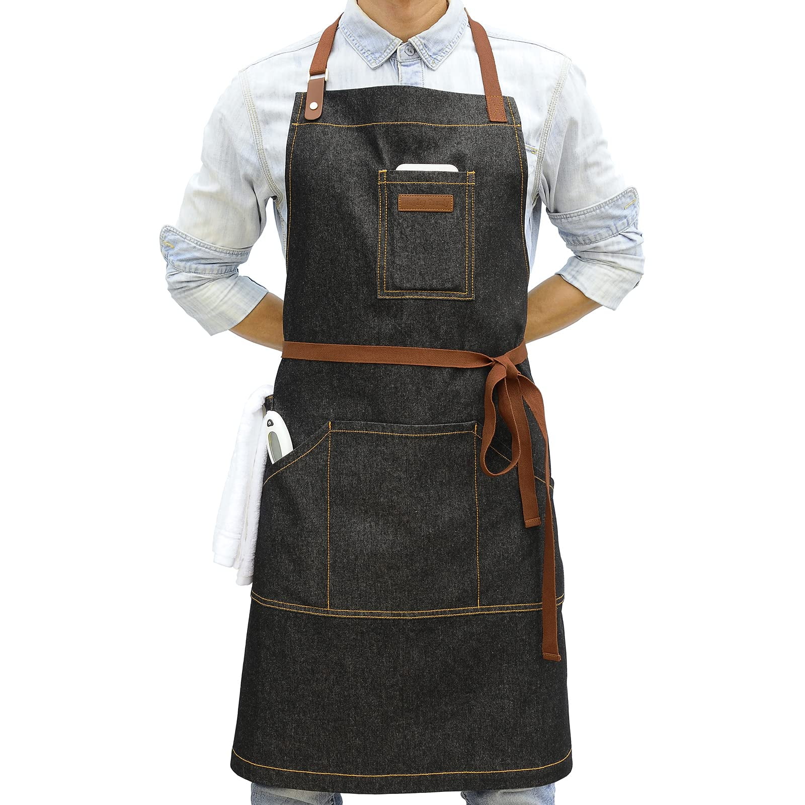 Trendy Denim Kitchen Apron with Pockets, Mens Womens Professional Chef ...