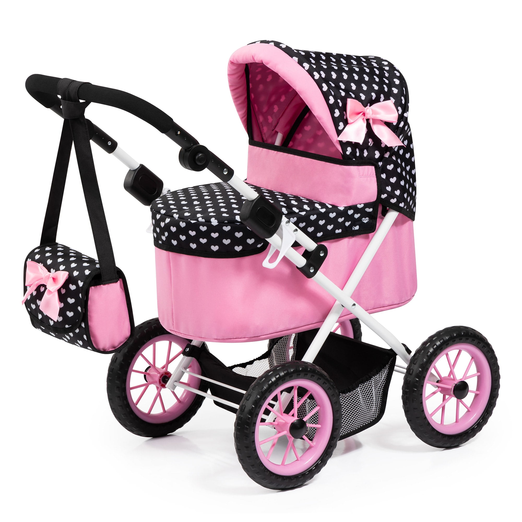 Trendy Doll Pram in Black & Pink W/ Hearts, Includes Matching Shoulder ...