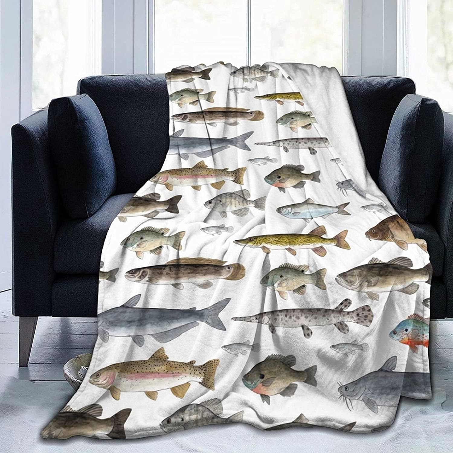 Trendy Flannel Fleece Throw Blanket, Watercolor Few Freshwater Fish ...