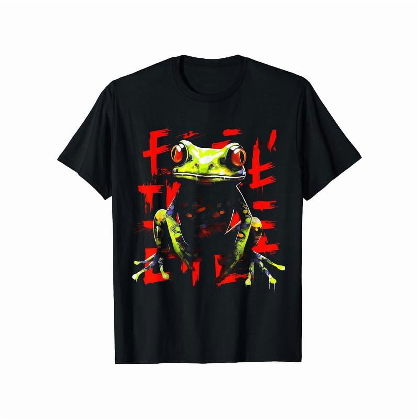 Trendy Frog Art Graphic Tee, Tops Has Bold “Frog” Design, Round Neck Regular Fit T-shirts, Size ...