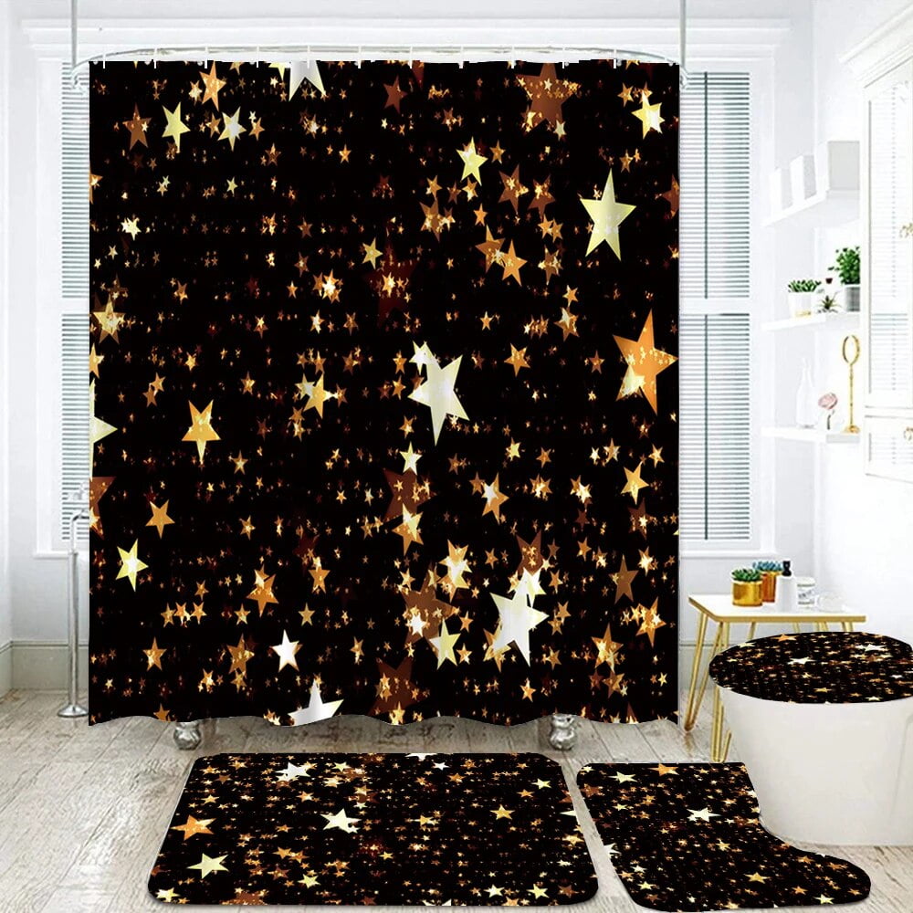 Trendy Gold Glitter Stars Sparkles Shower Curtains Shiny Decor For