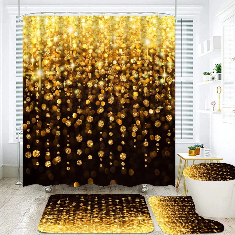 Trendy Gold Glitter Stars Sparkles Shower Curtains Shiny Decor For