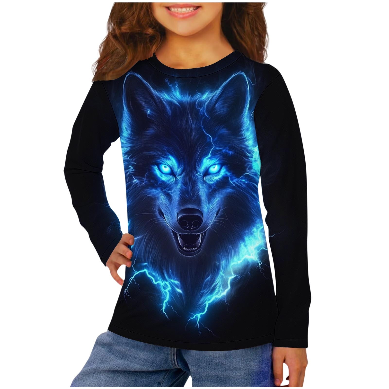 Trendy Kids Wolf Print Long Sleeve Crewneck Shirt for Boys & Girls Ages ...