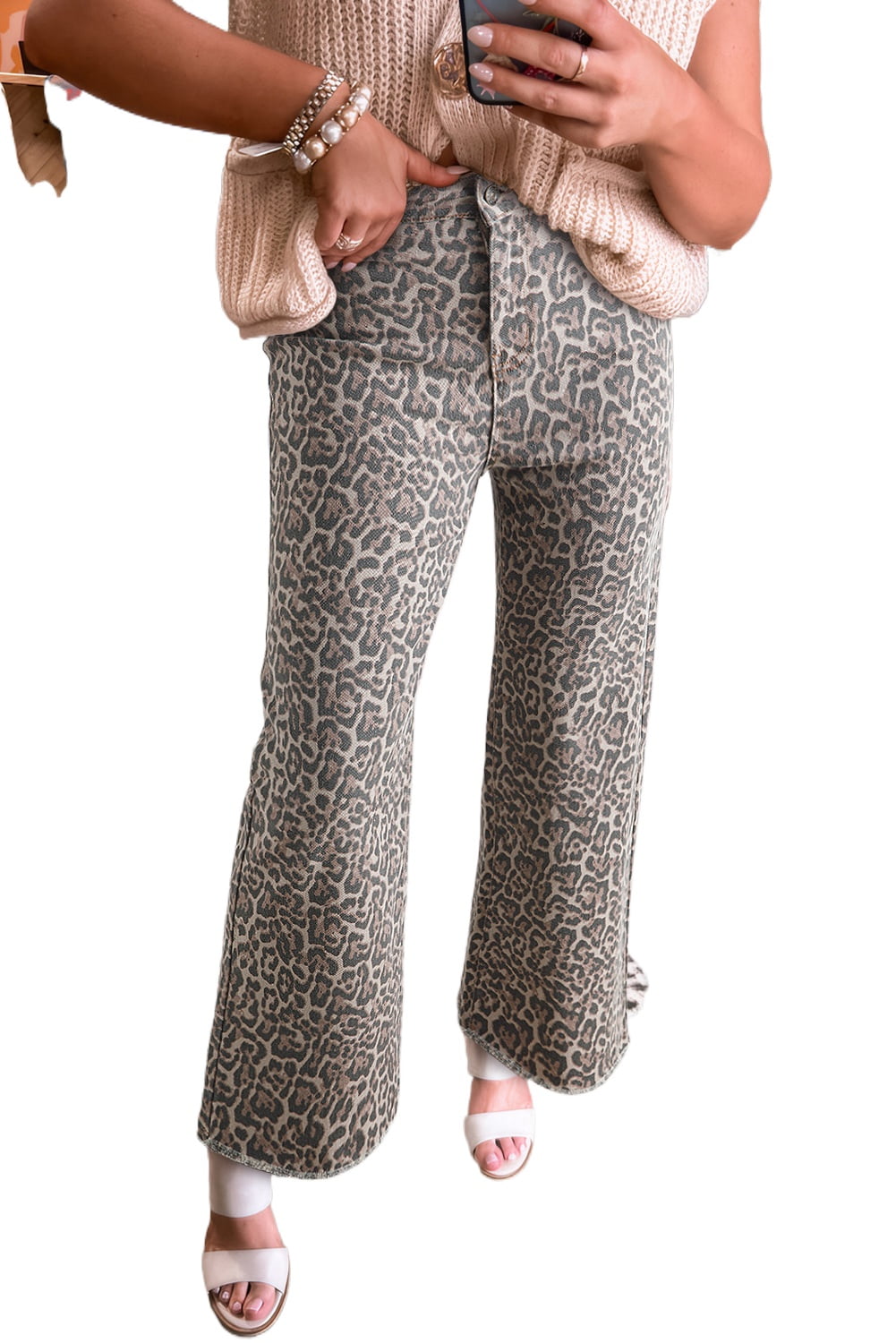 Trendy Leopard Print Wide Leg Jeans with High Waist and Distressed ...