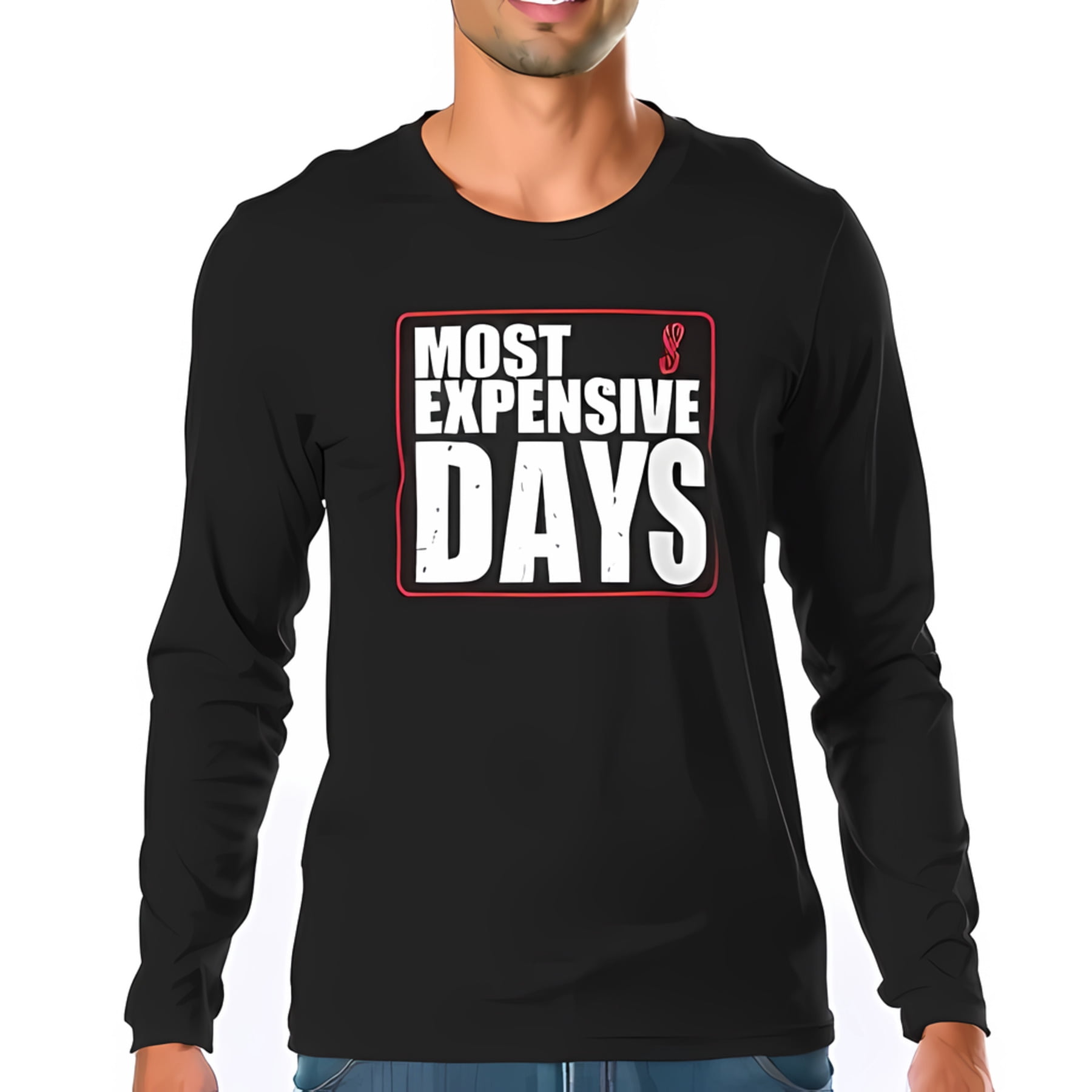 Trendy Long Sleeve Black T-Shirt with Bold 'MOST EXPENSIVE DAYS' Text ...