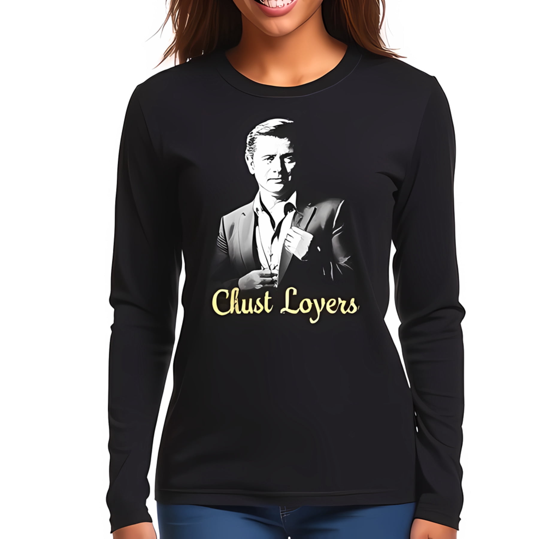 Trendy Long Sleeve Black T-Shirt with Vibrant 'Chust Lovers' Graphic ...