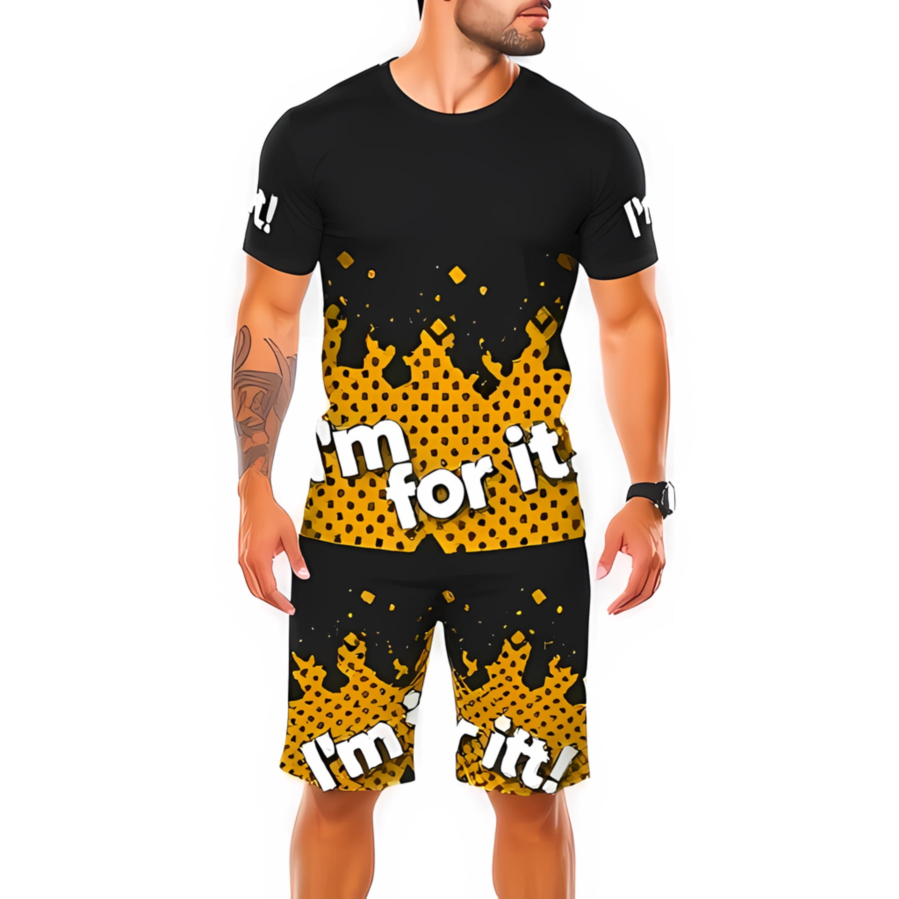 Trendy Men's Athletic T-Shirt & Shorts Set - Bold Yellow Polka Dot ...