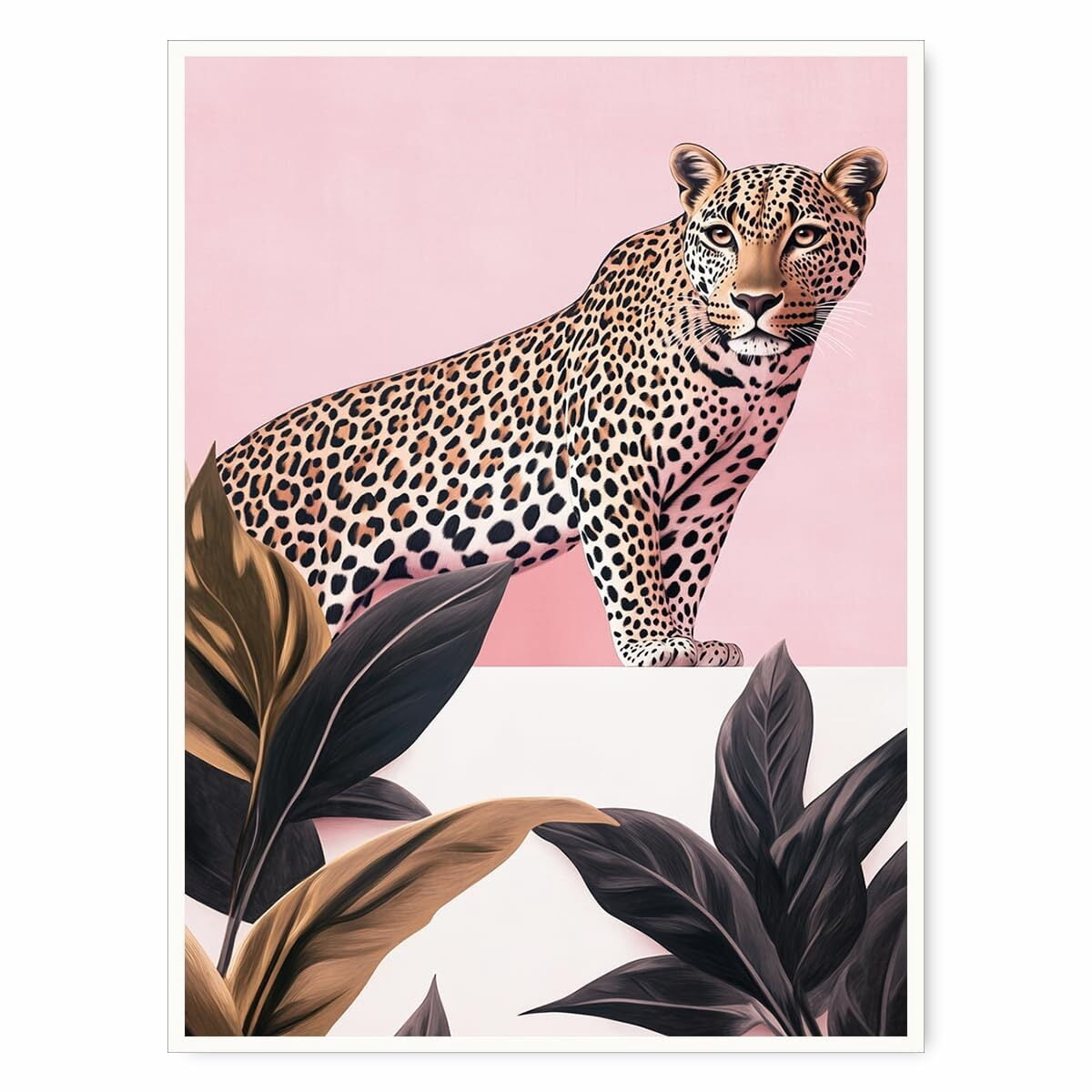 Trendy Modern Leopard Wall Art Pink Background Jungle Leaves Canvas ...
