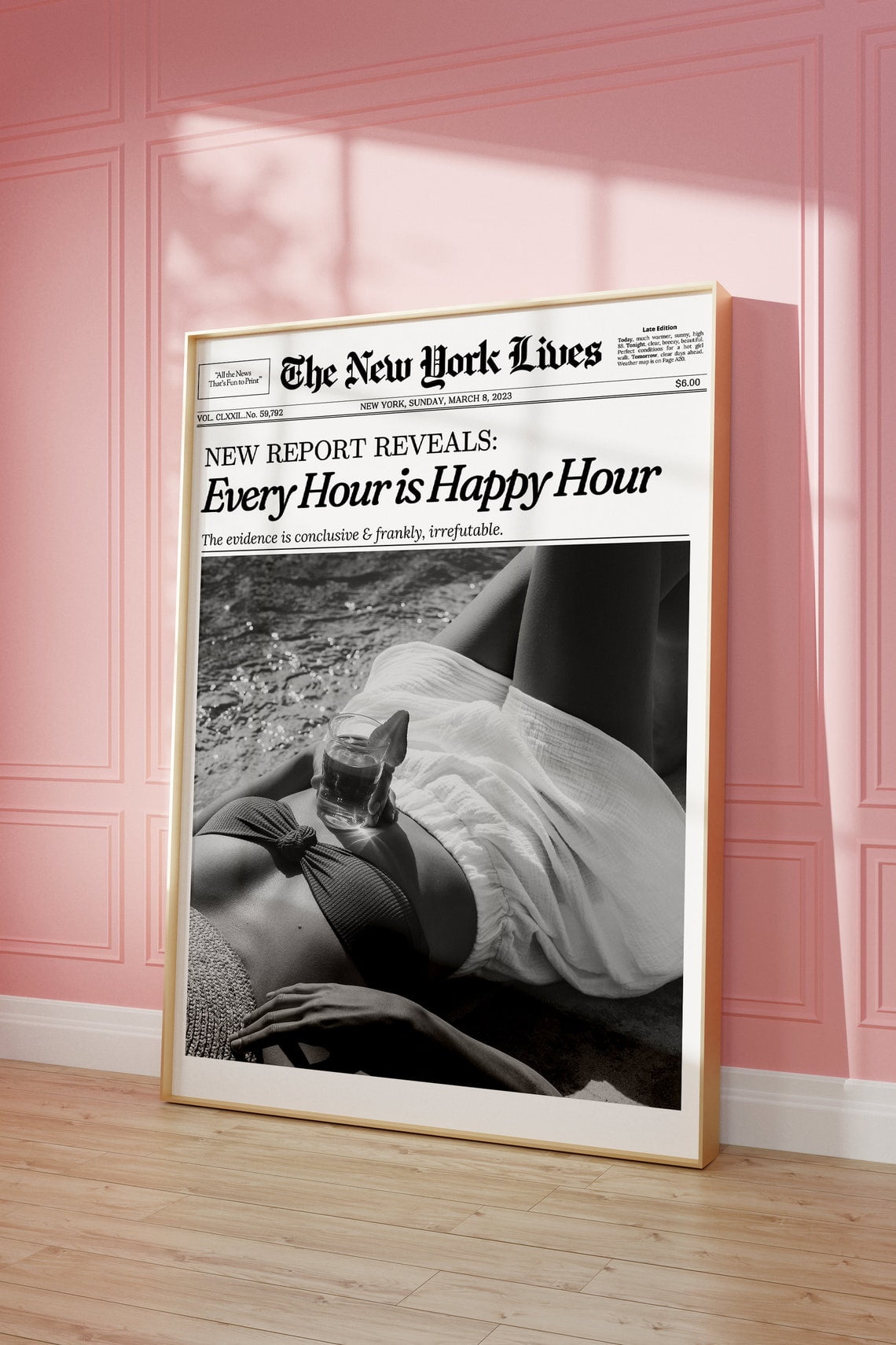 Trendy Newspaper Print, Happy Hour Poster, Black And White, Coastal ...