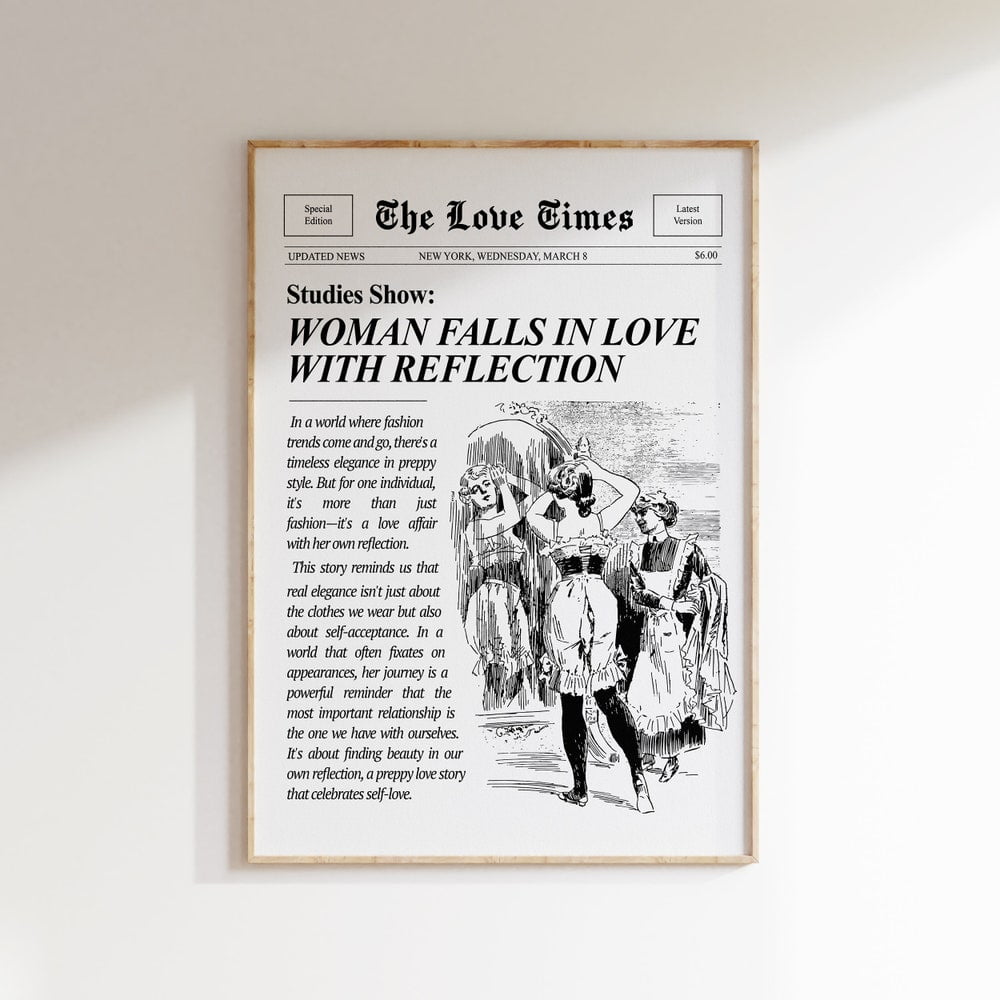 Trendy Newspaper Print, Woman Falls In Love With Reflection Manifest ...
