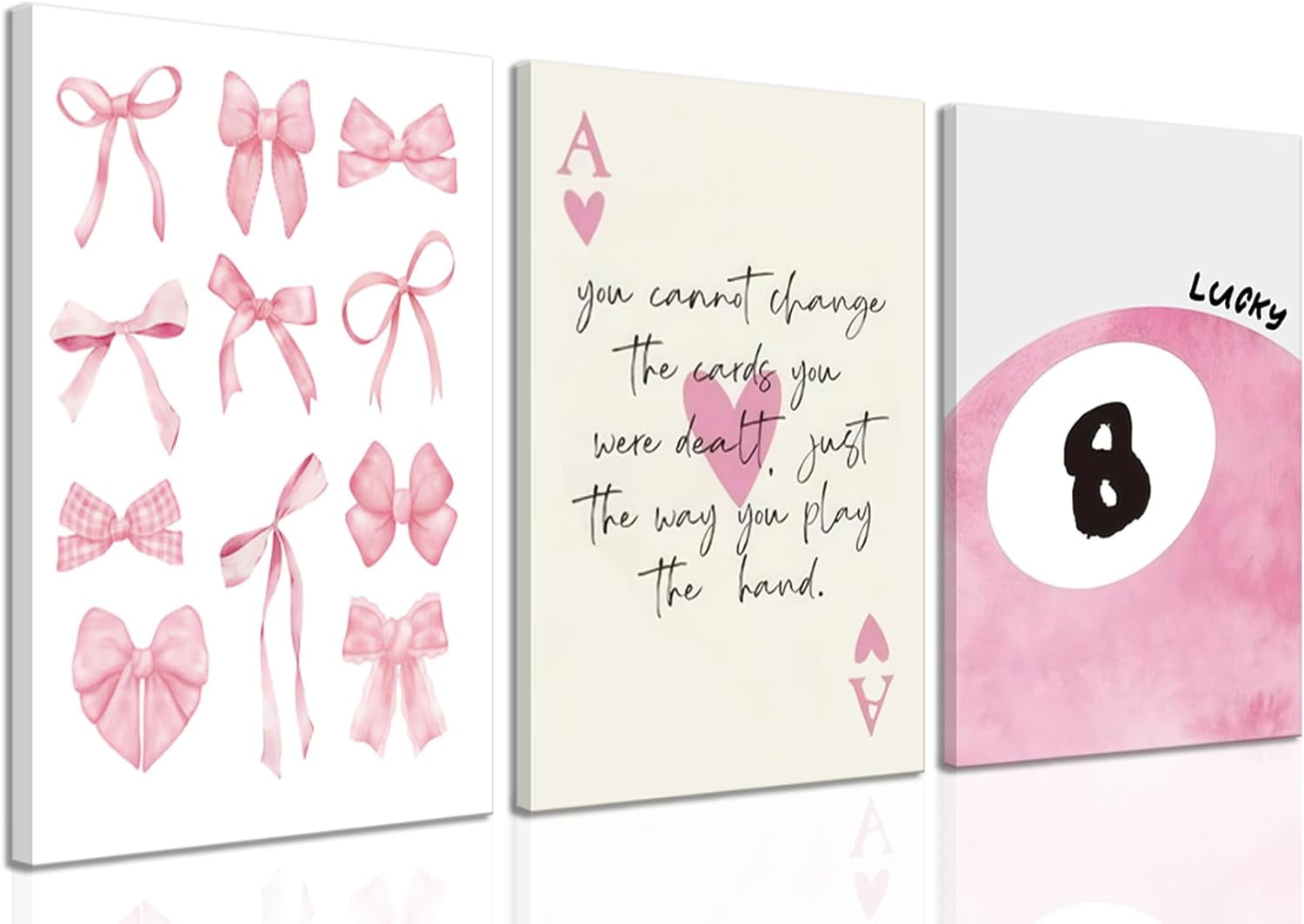 Trendy Pink Bows Posters Wall Art Set of 3, Vintage Preppy Lucky 8 Ball ...