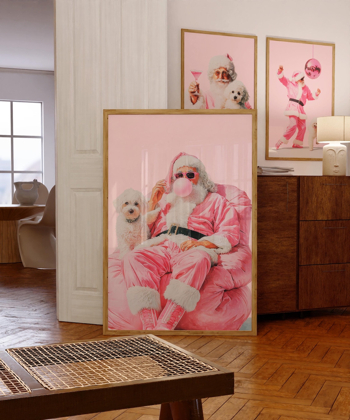 Trendy Pink Santa Claus Art Print Retro Winter Poster Cute Dog Scene ...