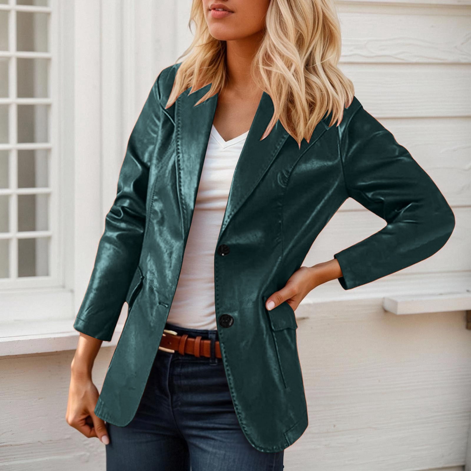 Trendy Plus Size Coat V Neck Design With Pockets For Everyday Wear For ...