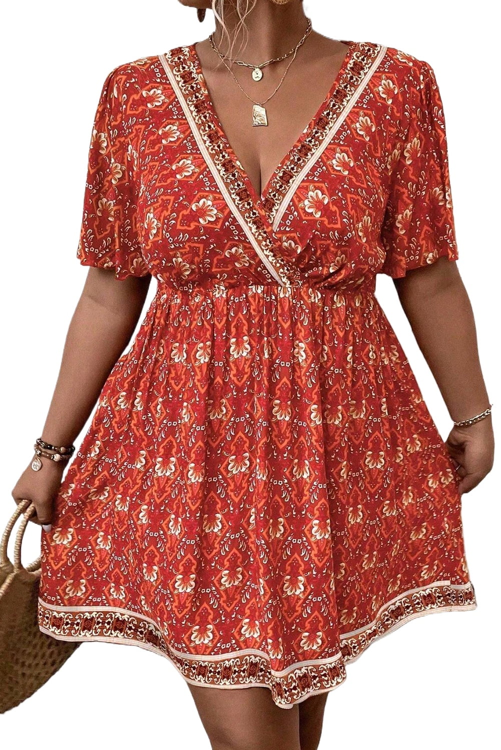 Trendy Plus Size Mini Dress with Flattering Surplice Neck and Empire Waist | [ZhiHiMeRi] | (US ...