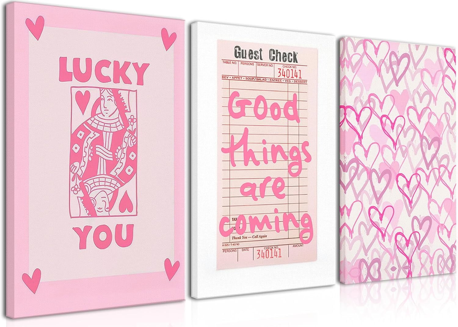 Trendy Preppy Canvas Wall Art Framed Set of 3 Pink Lucky You Poster ...