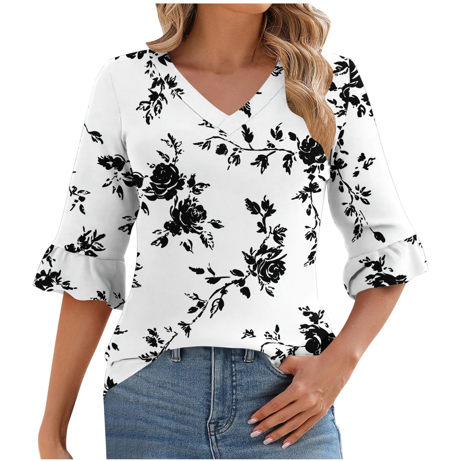Trendy Saving Women Fall Shirts Women's Shirts Plus Size 3/4 Sleeve ...