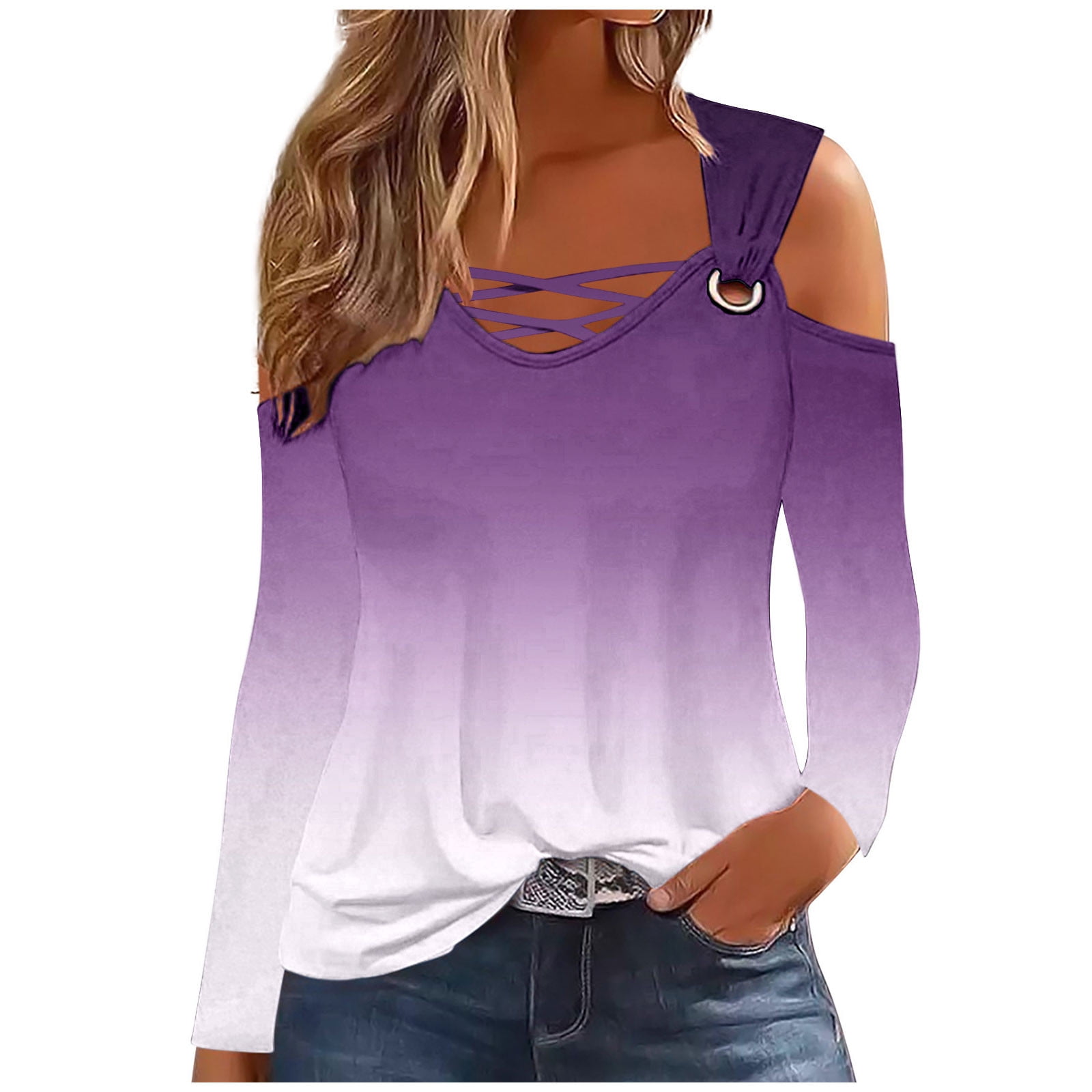 Trendy Shirt Tops for Women Summer Fall Sexy Cold Shoulder Casual Color ...