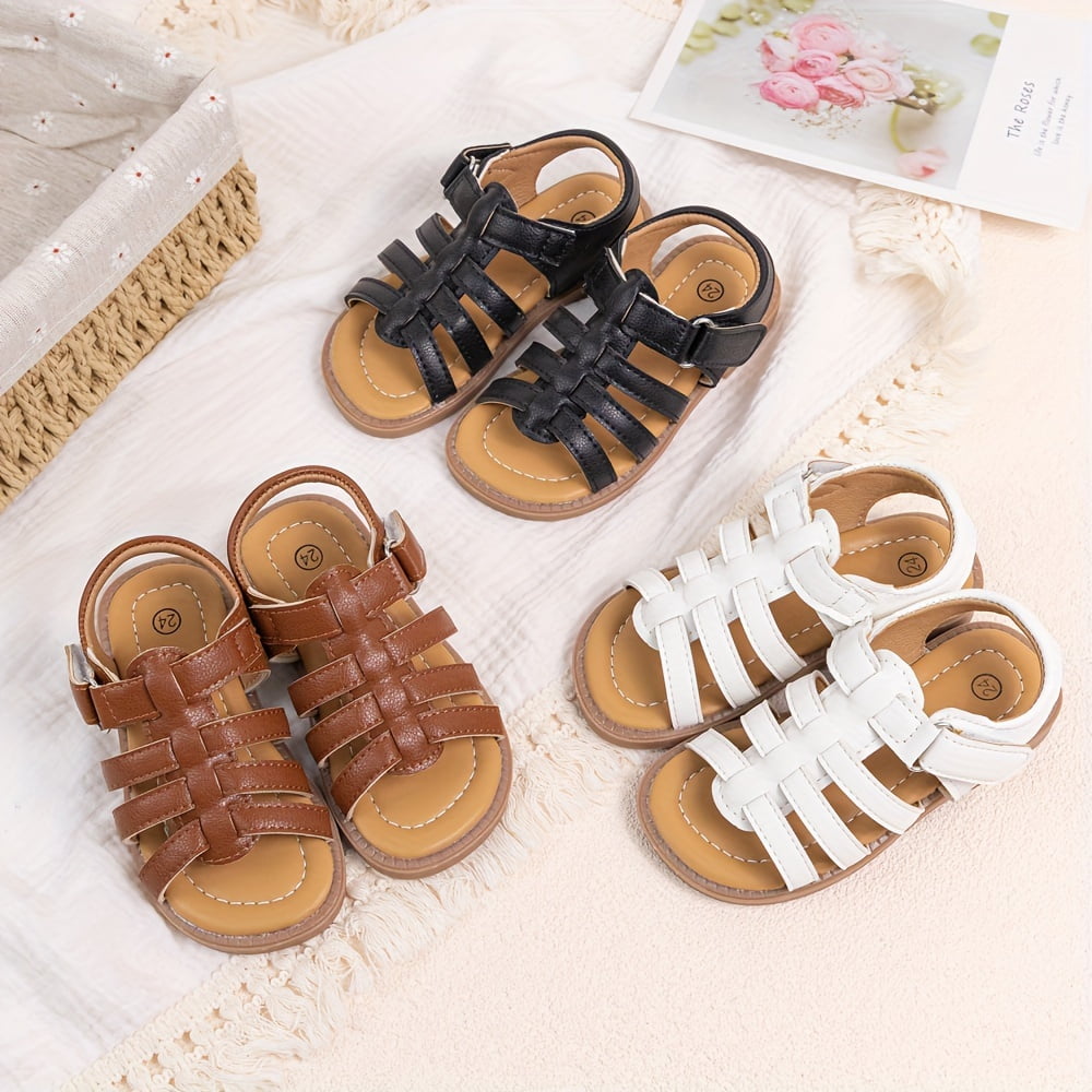 Trendy Solid Color Open Toe Sandals For Girls, Breathable Lightweight Sandals For Indoor Outdoor ...