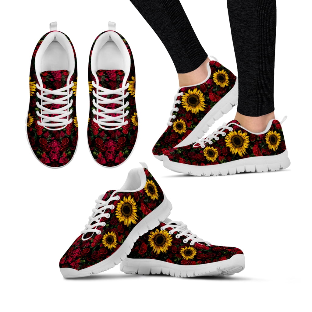 Trendy Sunflower Flower Rose Design Black Platform Sneakers Comfortable ...
