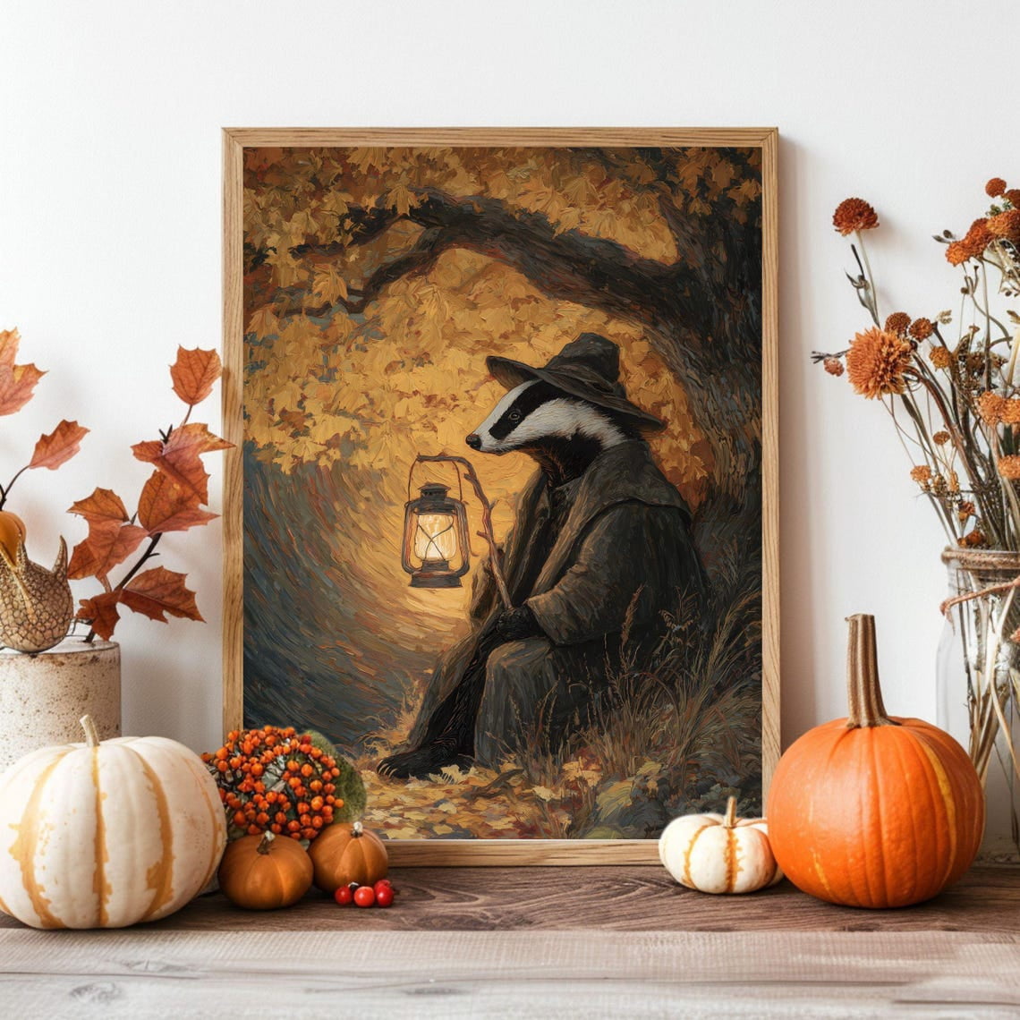 Trendy Wall Art With Badger Print, Autumn Dark Cottagecore Art, Dark ...