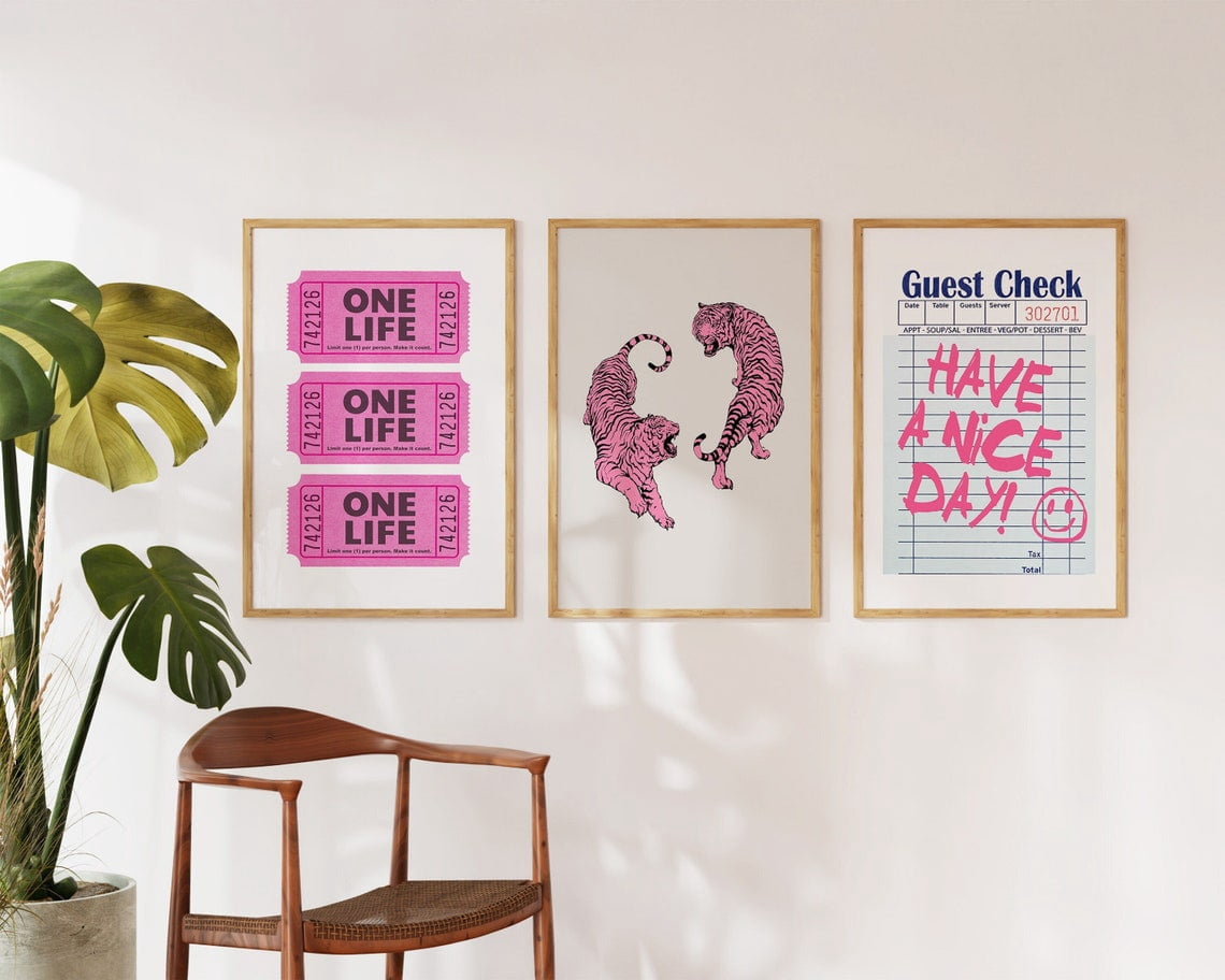 Trendy Wall Art Set Pink Tiger Ticket Stub Guest Check Have a Nice Day ...