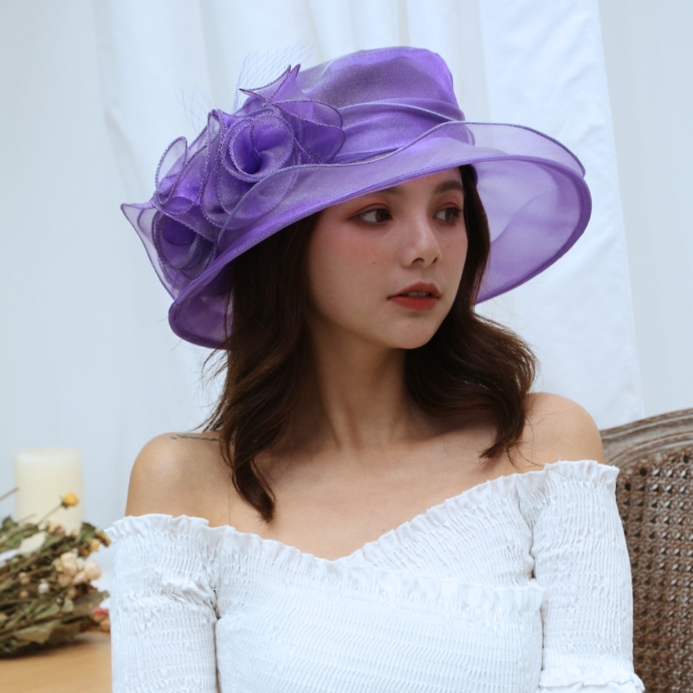 Trendy Wide Brim Flower Mesh Ruffles Wedding Hat Organza French Vintage ...