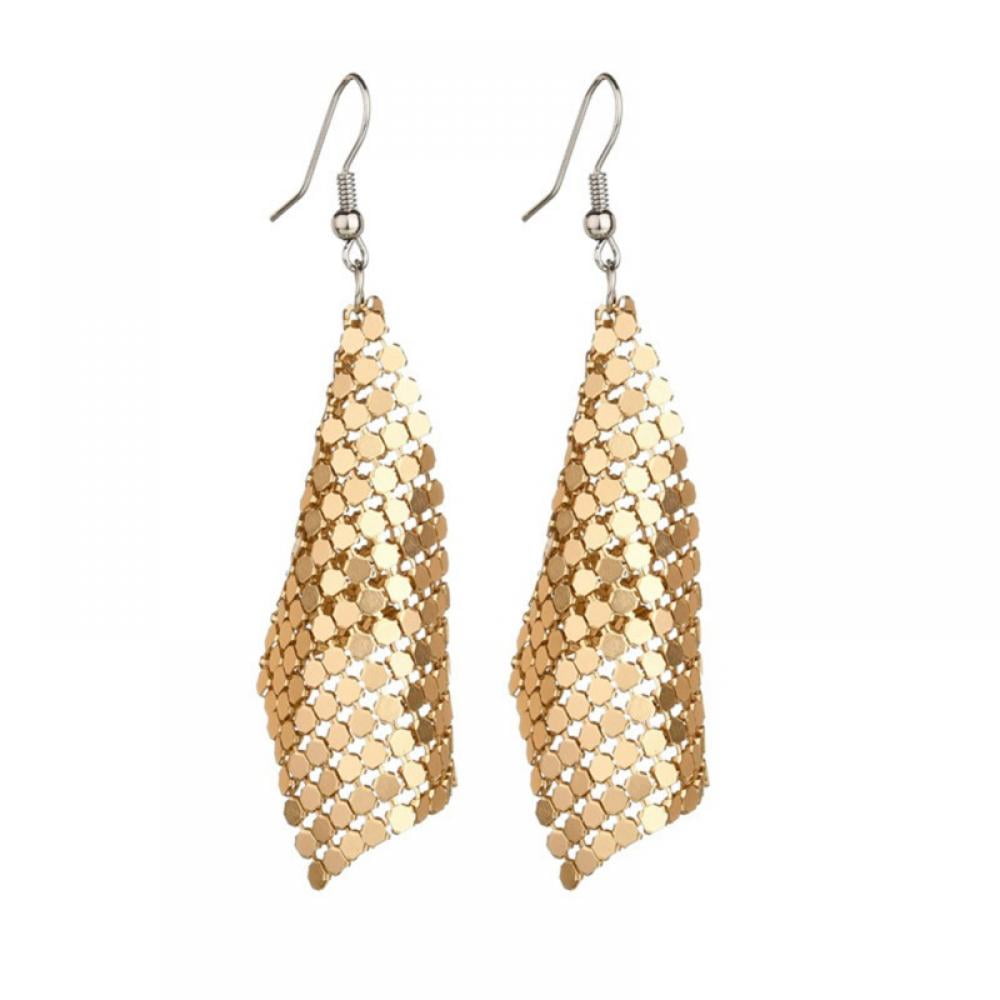 Trendy Women Earrings Metal Mesh Grid Sequins Tassel Long Drop Gold ...