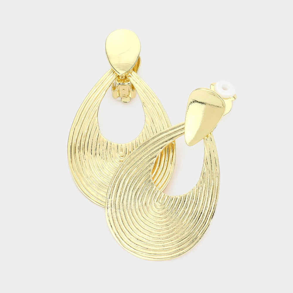 Trendy clip on 2 1/2" gold indented wide teardrop flat clasp earrings ...