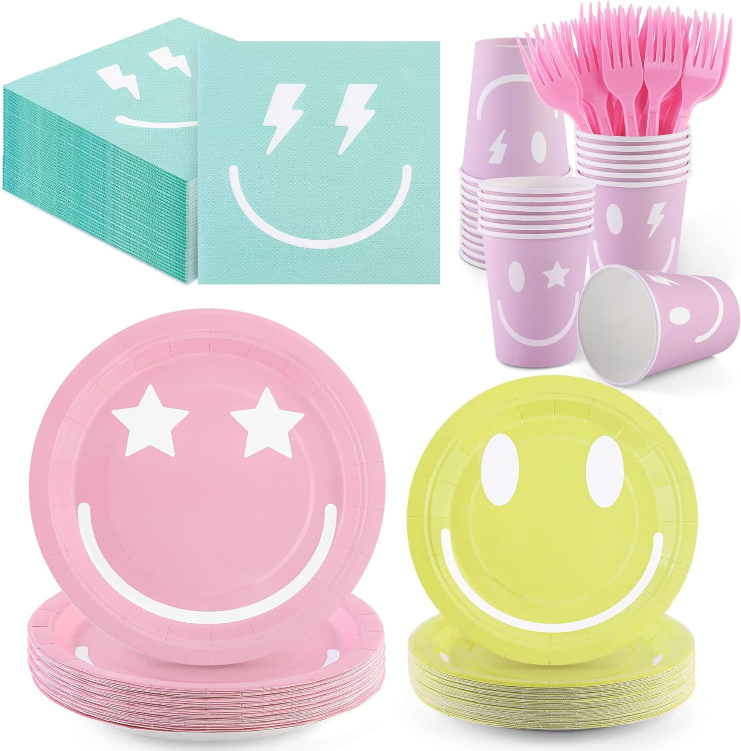 Trendy smiley face lightning star element disposable party cutlery set ...
