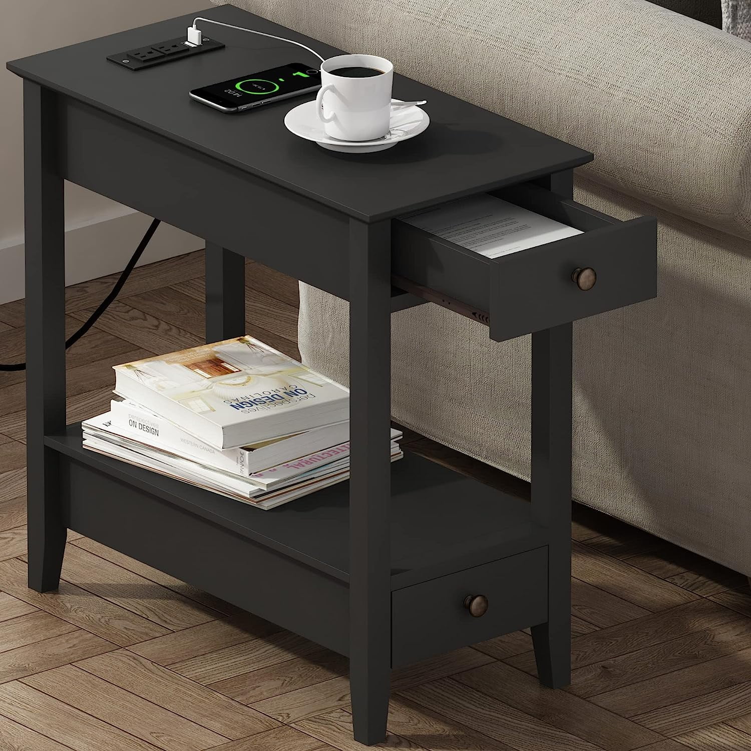 Treocho Side Table with Charging Station, Narrow End Table with Storage ...