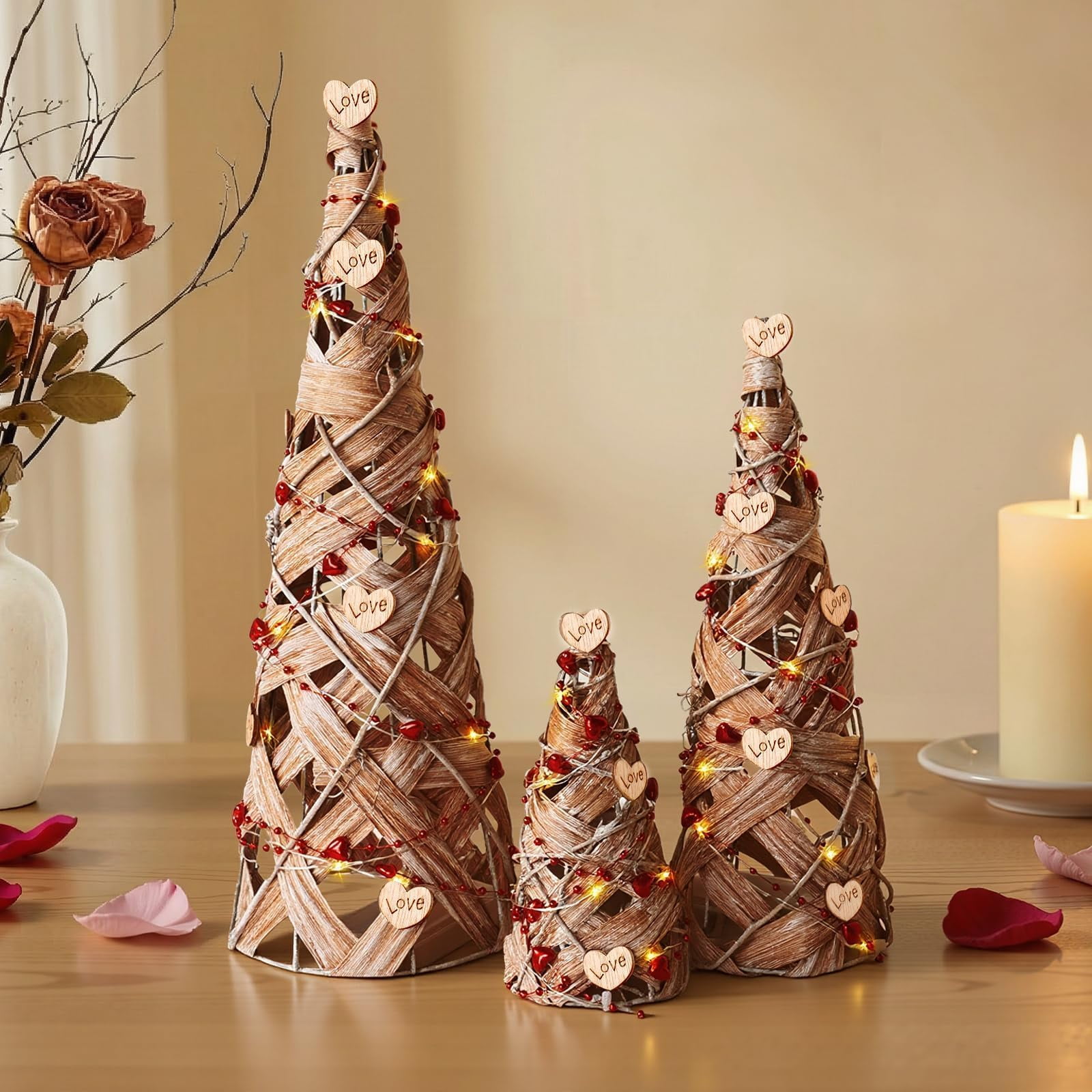 Treory Valentines Tree Table Decor, 3 Pcs Rustic Cone Trees with Hearts ...